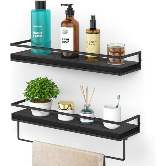 Floating Shelves Wall Mounted Set of 2, Wall Shelf with Towel Bar ...
