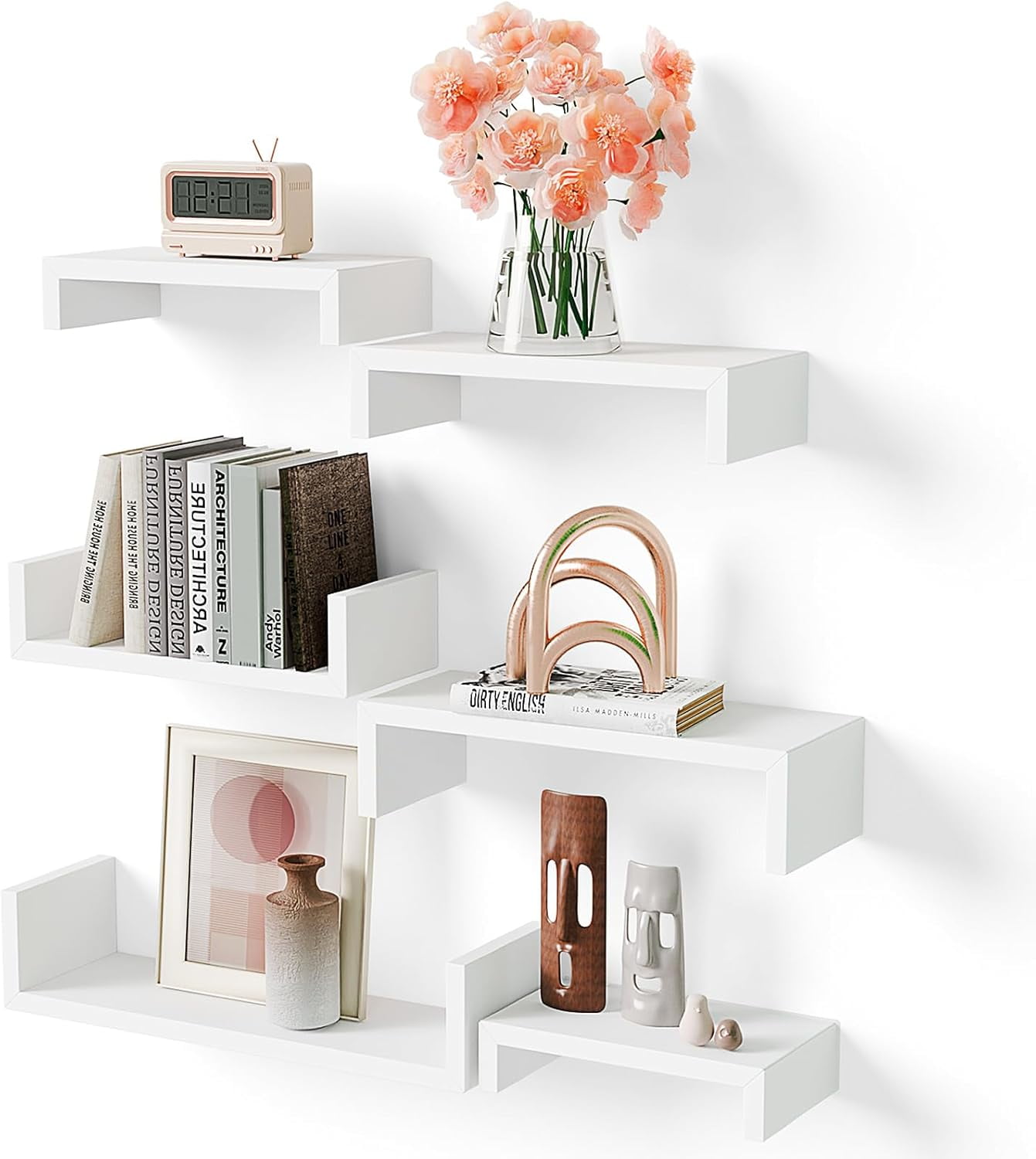 Floating Shelves for Wall - Set of 6, White Wood Bathroom Organizers ...