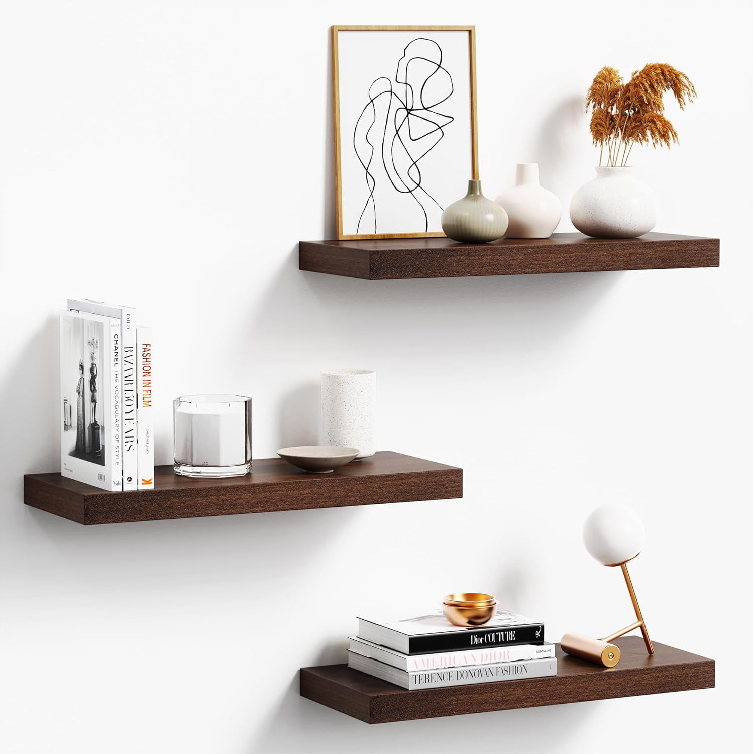 Floating Shelves for Wall, Walnut Wood Wall Shelf Set of 3, 16" Wall ...