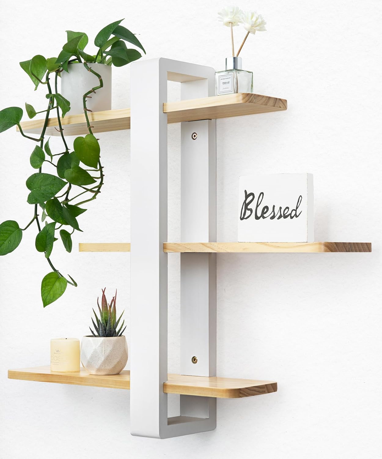 Floating Shelves White for Wall Mounted Shelving Unit All Pine Wood 3 Tier Large Shelf for ...