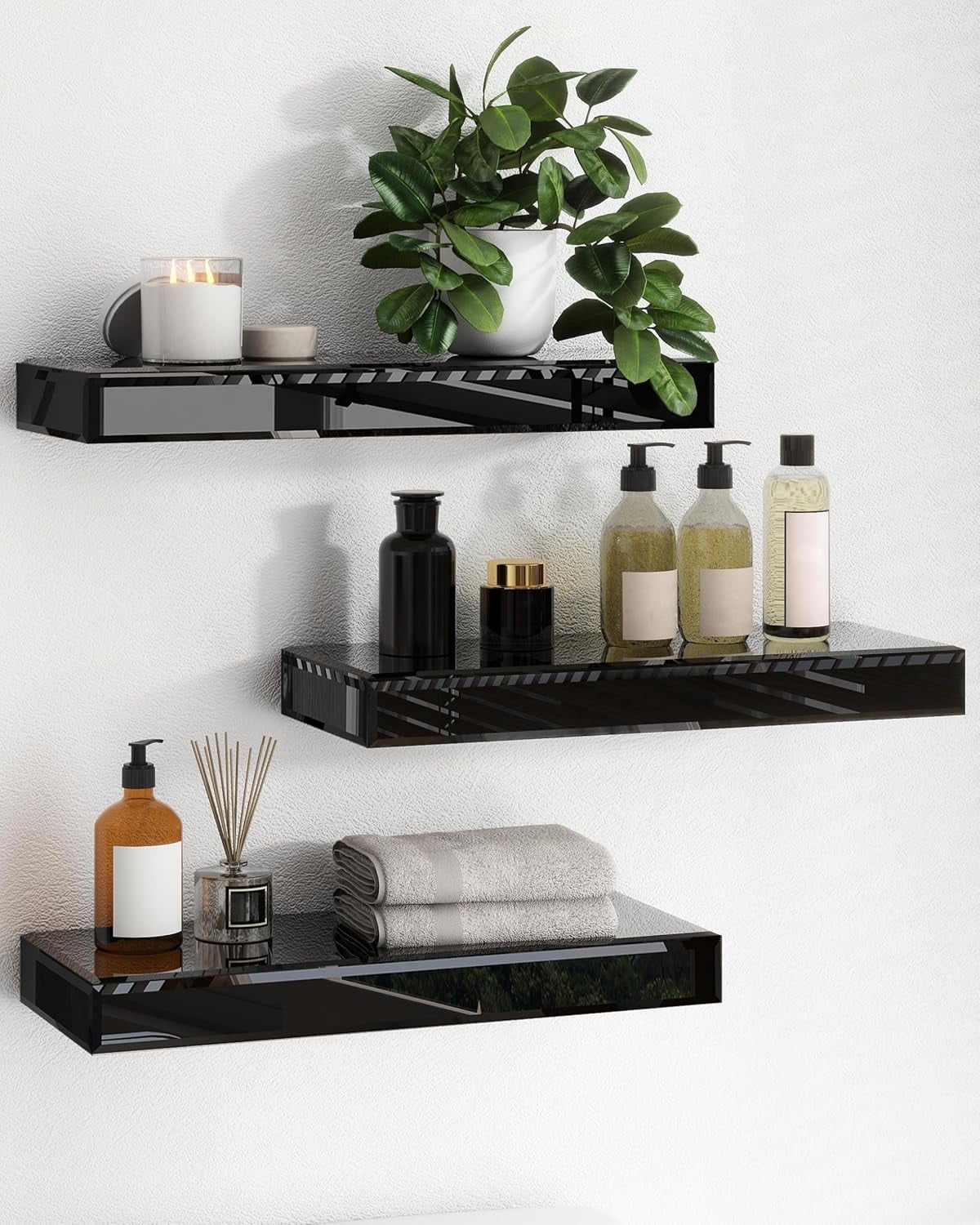 Floating Shelves for Wall, Glass Finish Wall Shelves Set of 3, Black ...