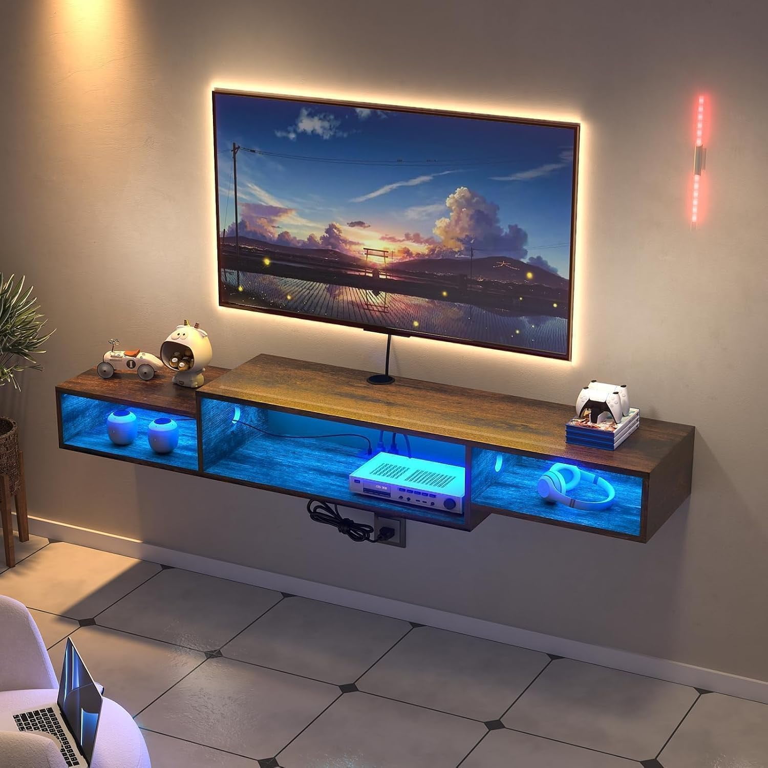 Floating TV Shelf with LED Lights and Power Outlet, 59" TV Stand for ...
