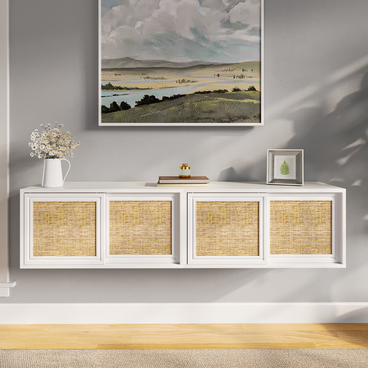 Floating TV Stand 56'' - Rattan Console Cabinet Storage Slidding Doors ...