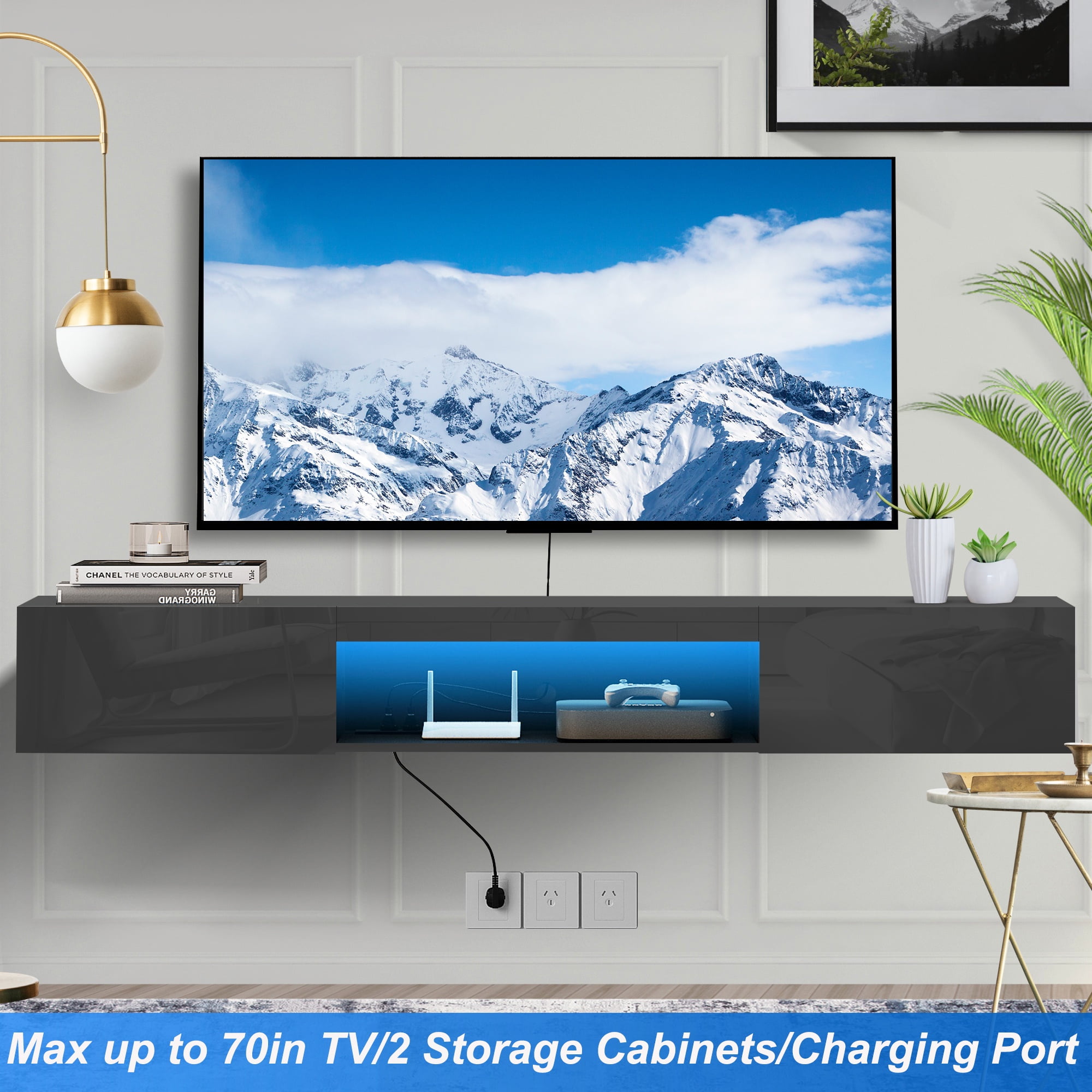 Paproos 71in LED Floating TV Stand for 75 inch TVs, High Gloss with APP ...