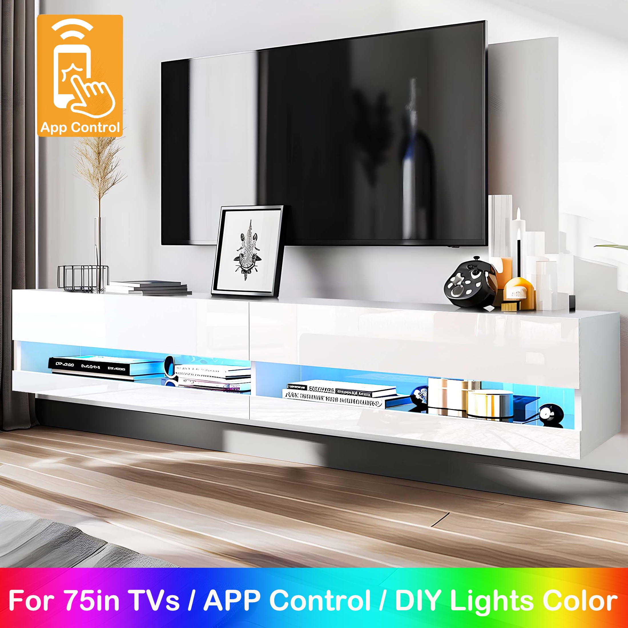 Floating TV Stand for 75 inch TVs, Paproos 71in Long LED Floating TV ...