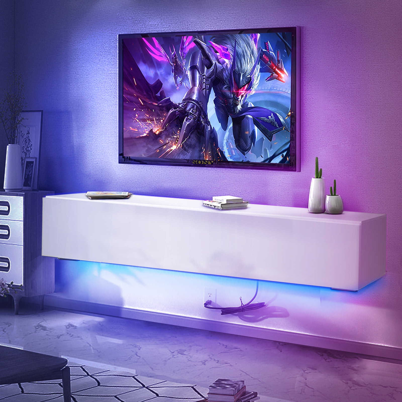 Floating TV Stand with LED Lights 55" Wall Mounted Modern White ...