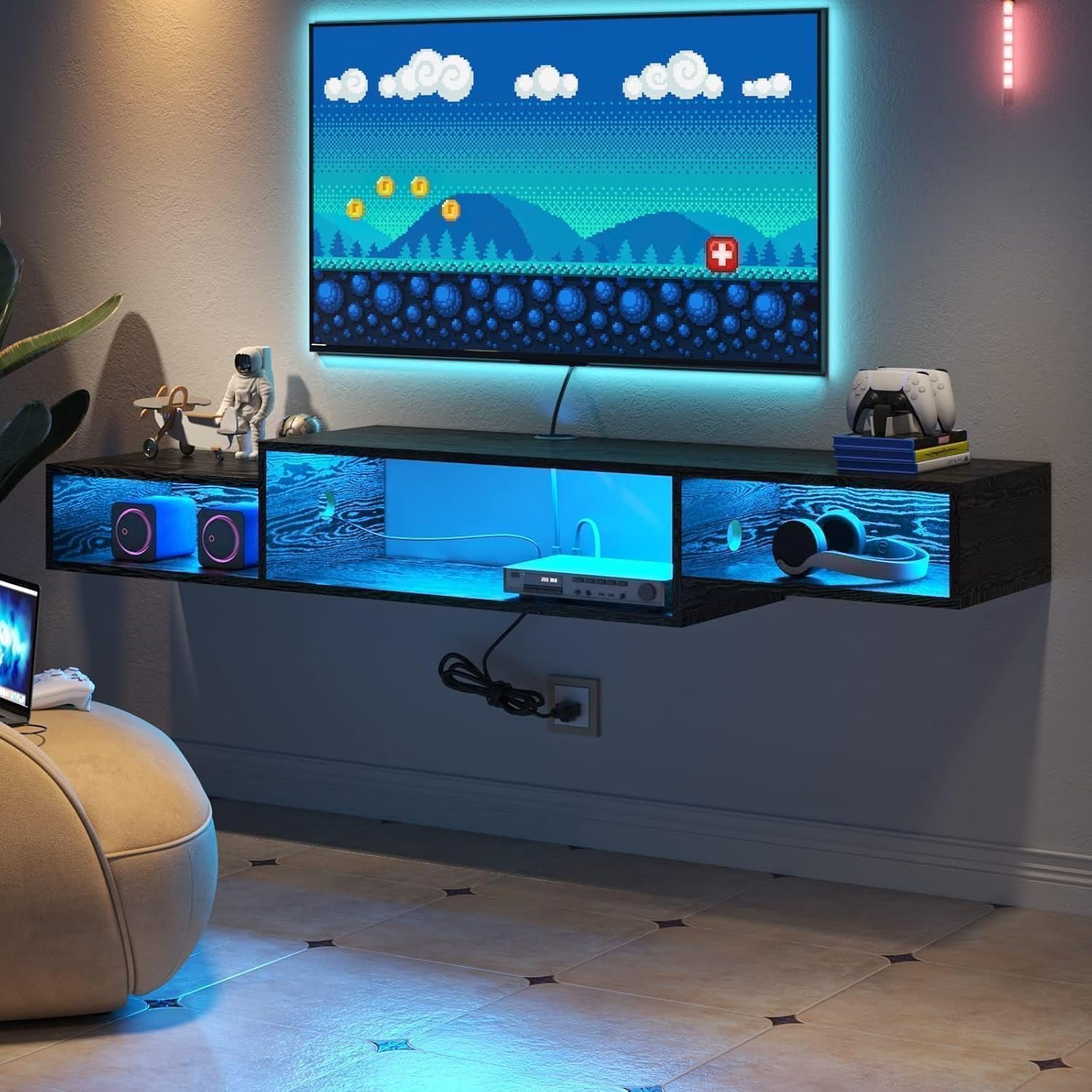 Floating TV Stand, with LED Lights, 59” Floating Entertainment Center ...