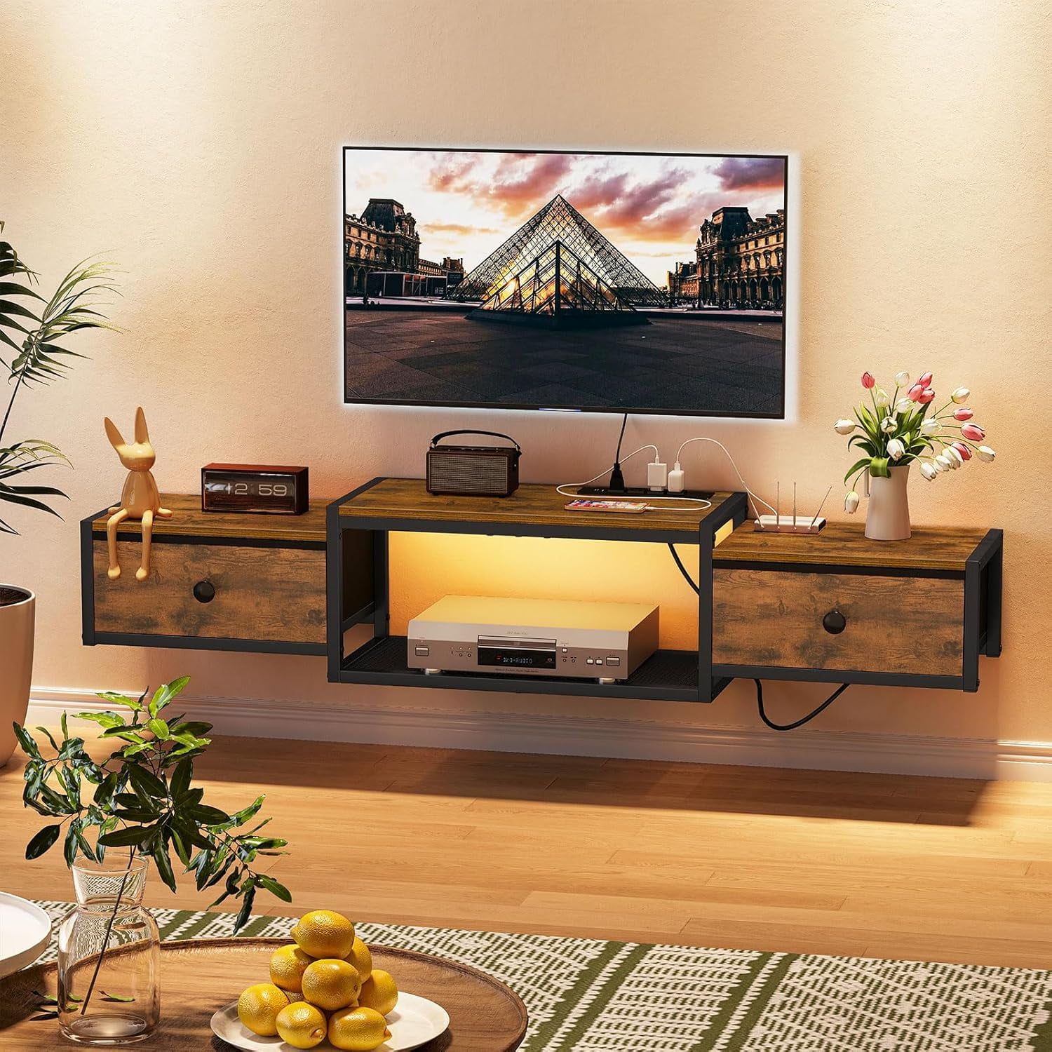 Floating TV Stand with Power Outlet 55", Wall Mounted Entertainment ...