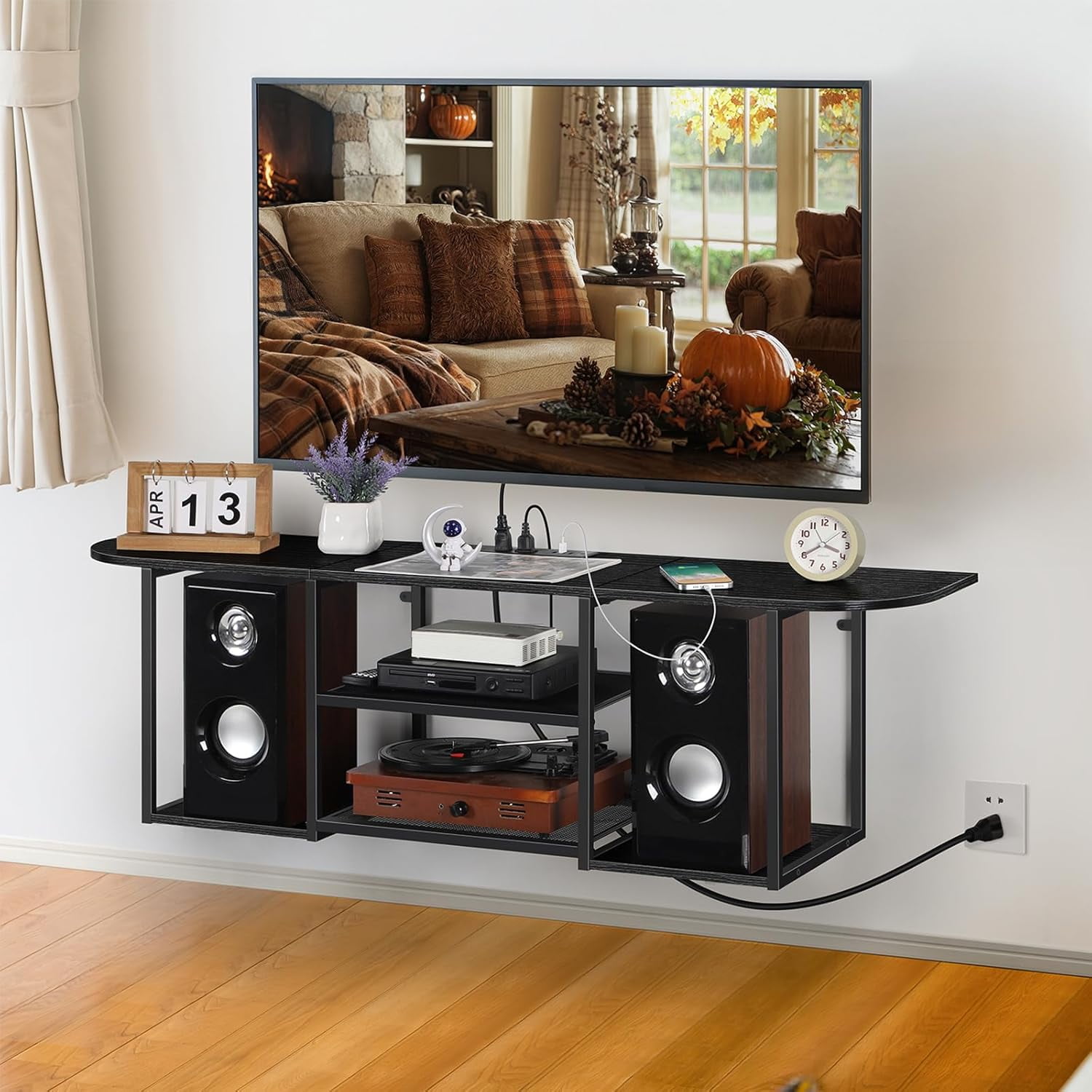 Floating TV Stand with Power Outlet Wall Mounted Under TV Shelf with ...