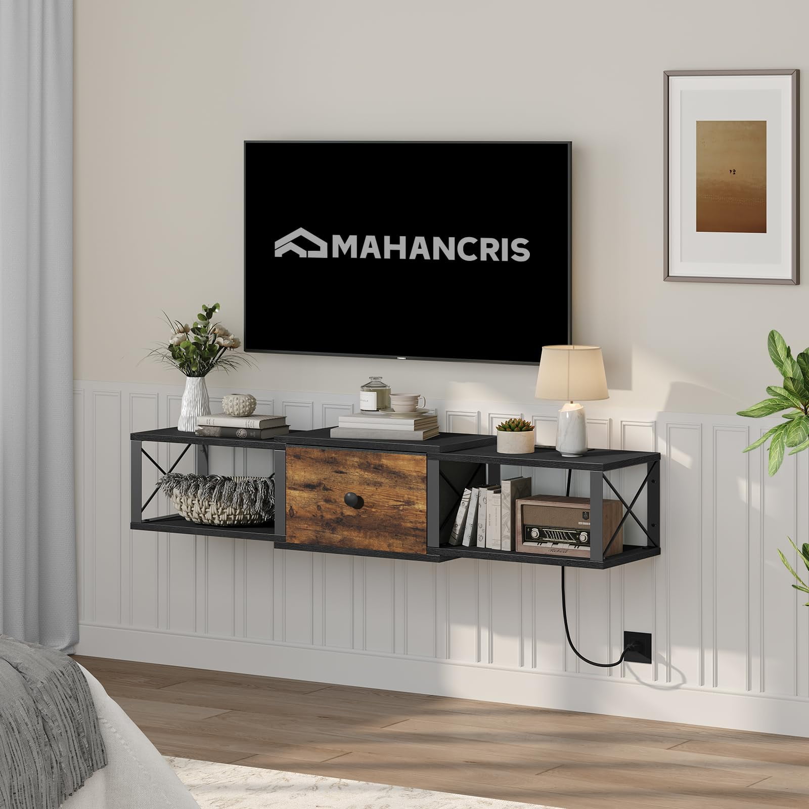 Floating TV Stand with Power Outlet, Wall-Mounted TV Stand with Drawer ...