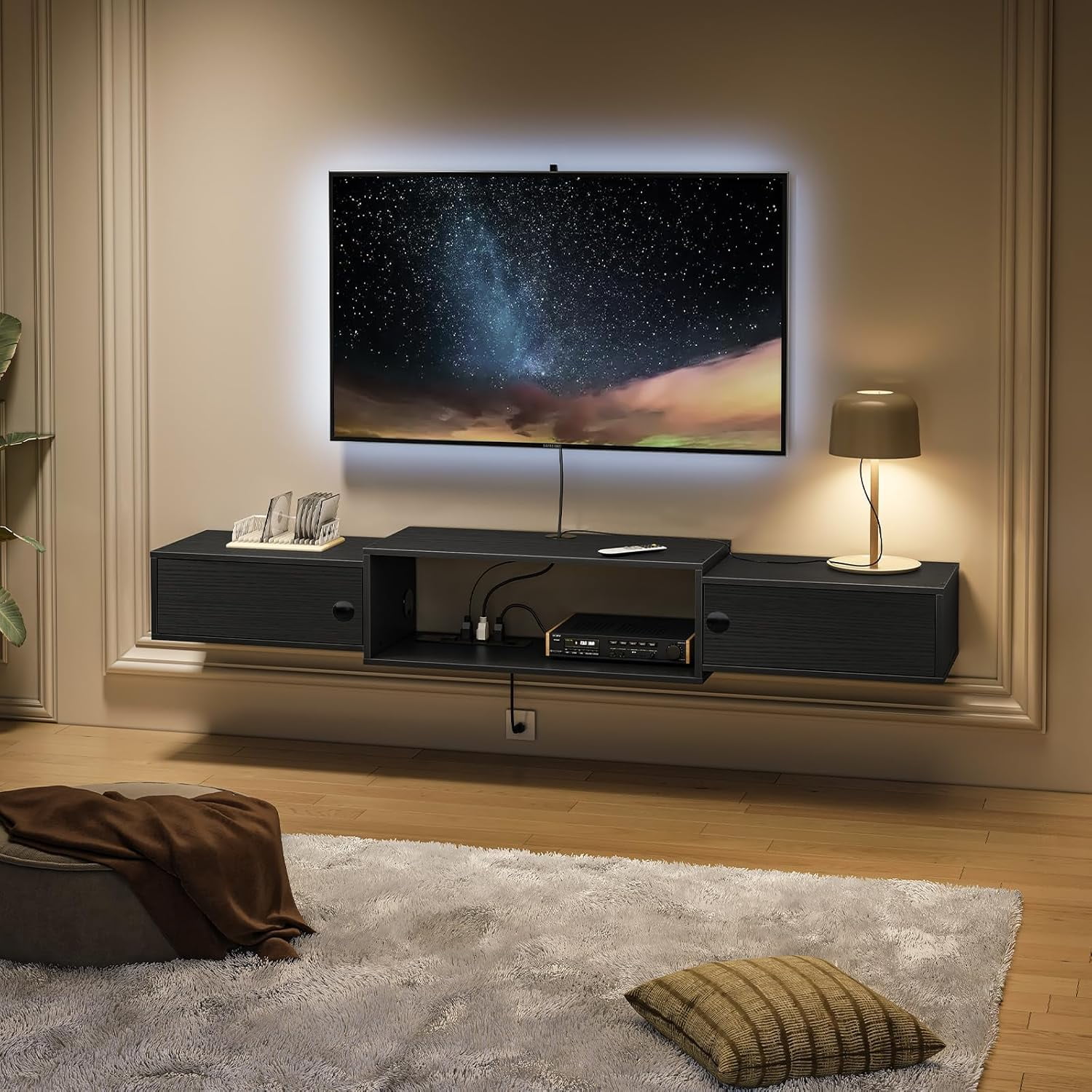 Floating TV Stand with Power Outlets 55", Modern Wall Mounted Media ...