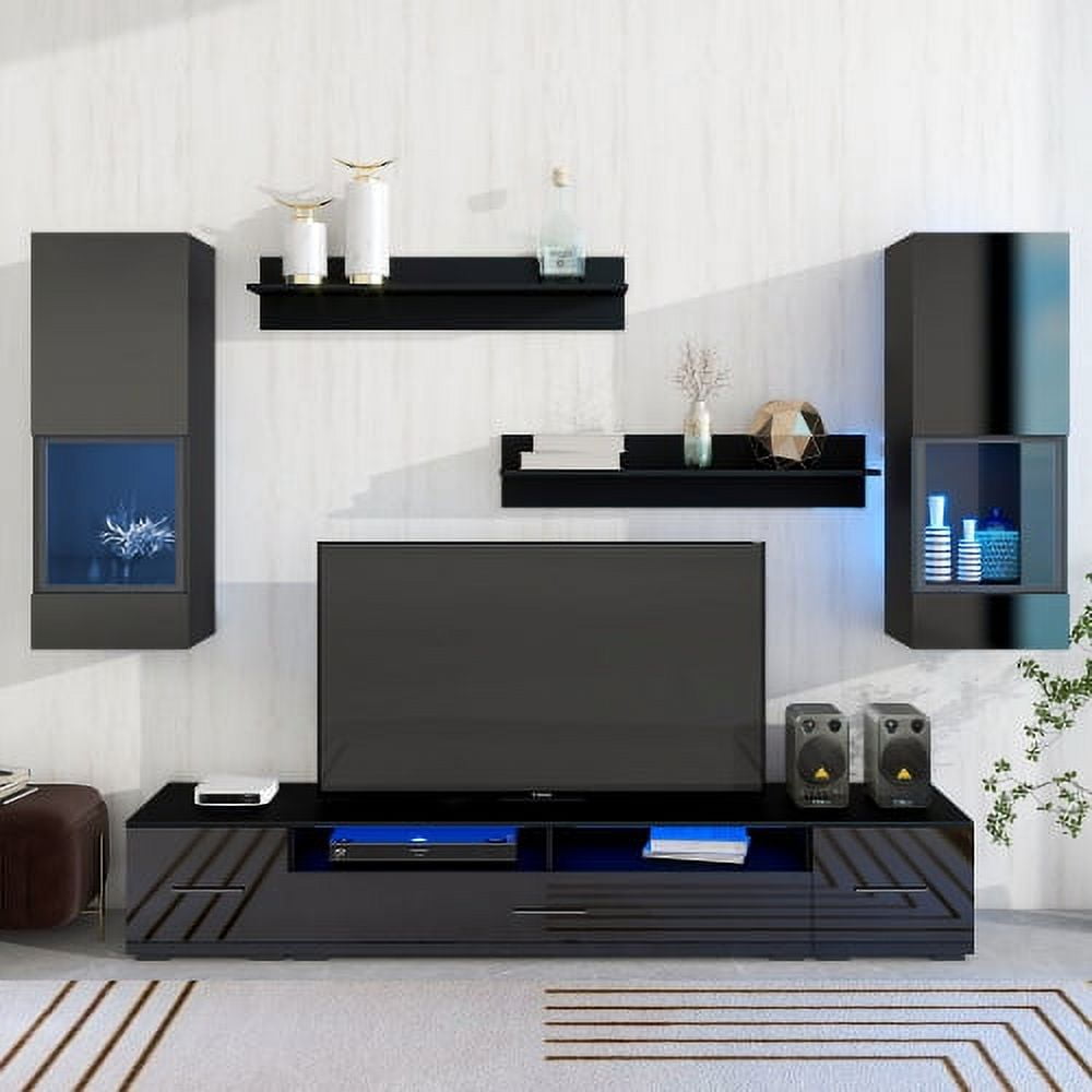 Floating TV Stand Set, 7 Pieces High Gloss Wall Mounted Entertainment ...
