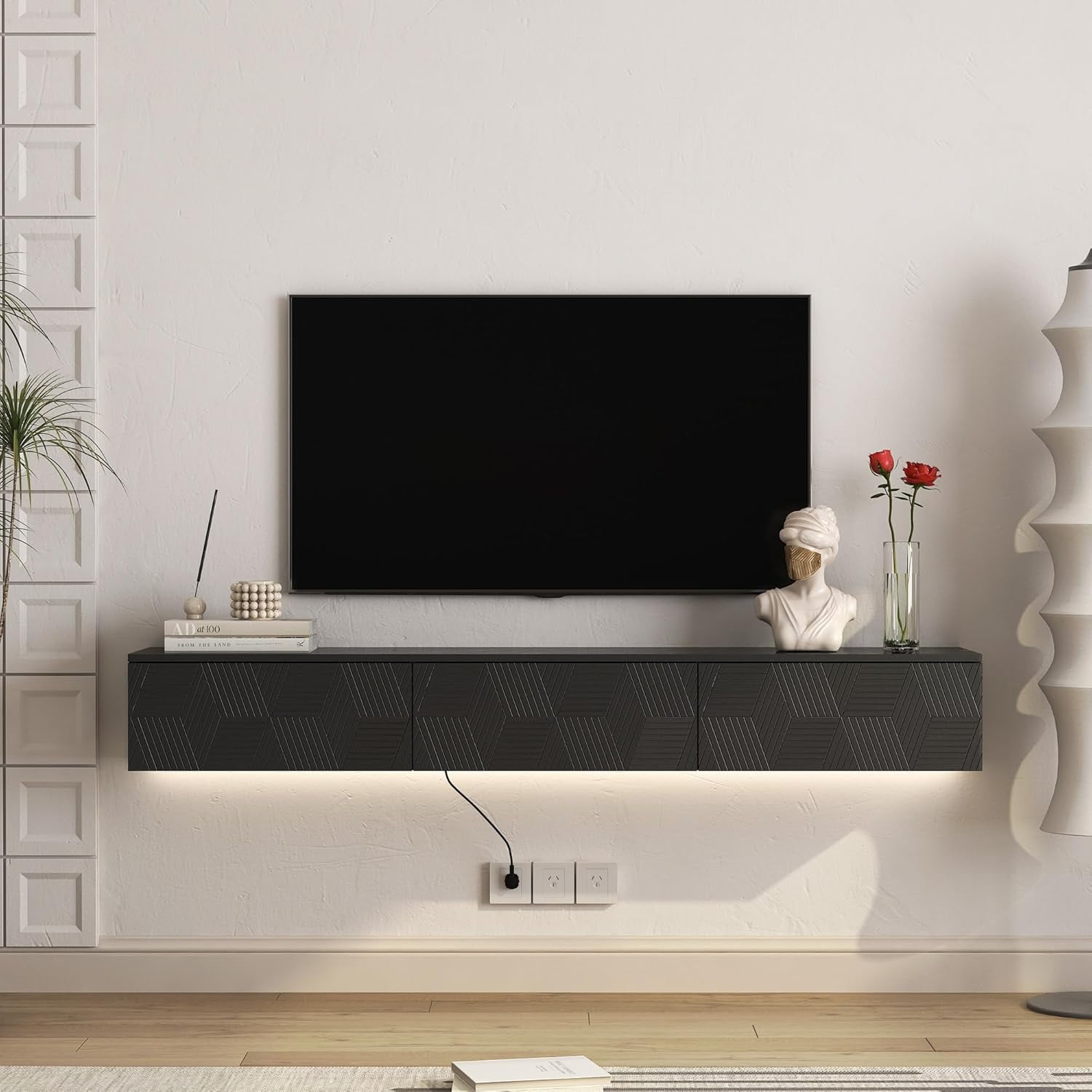 Floating TV Stand Shelf for TVs up to 80 Inch, 67" Black Modern Wall ...