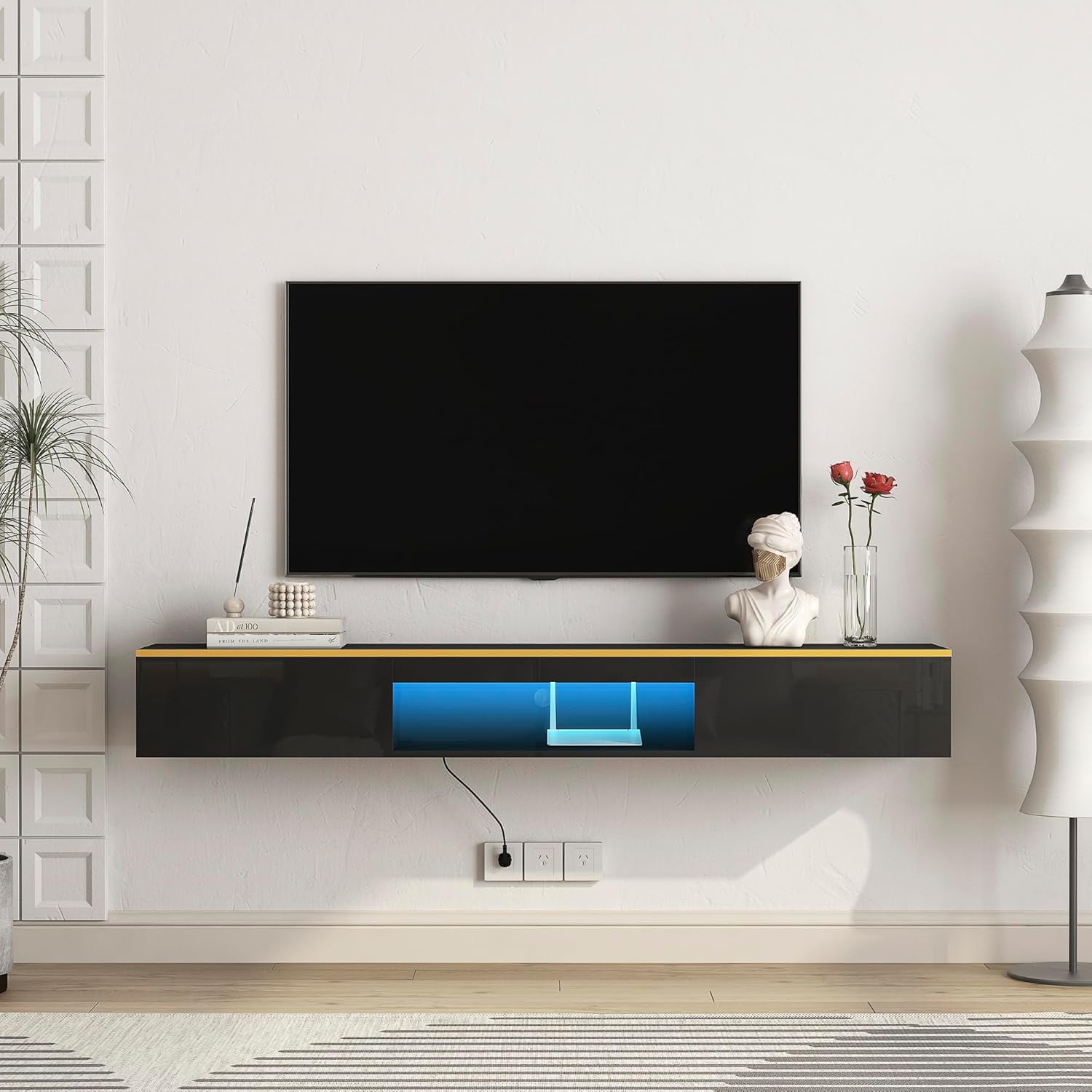 Floating TV Stand Shelf for TVs up to 80 Inch Black Floating TV Cabinet ...