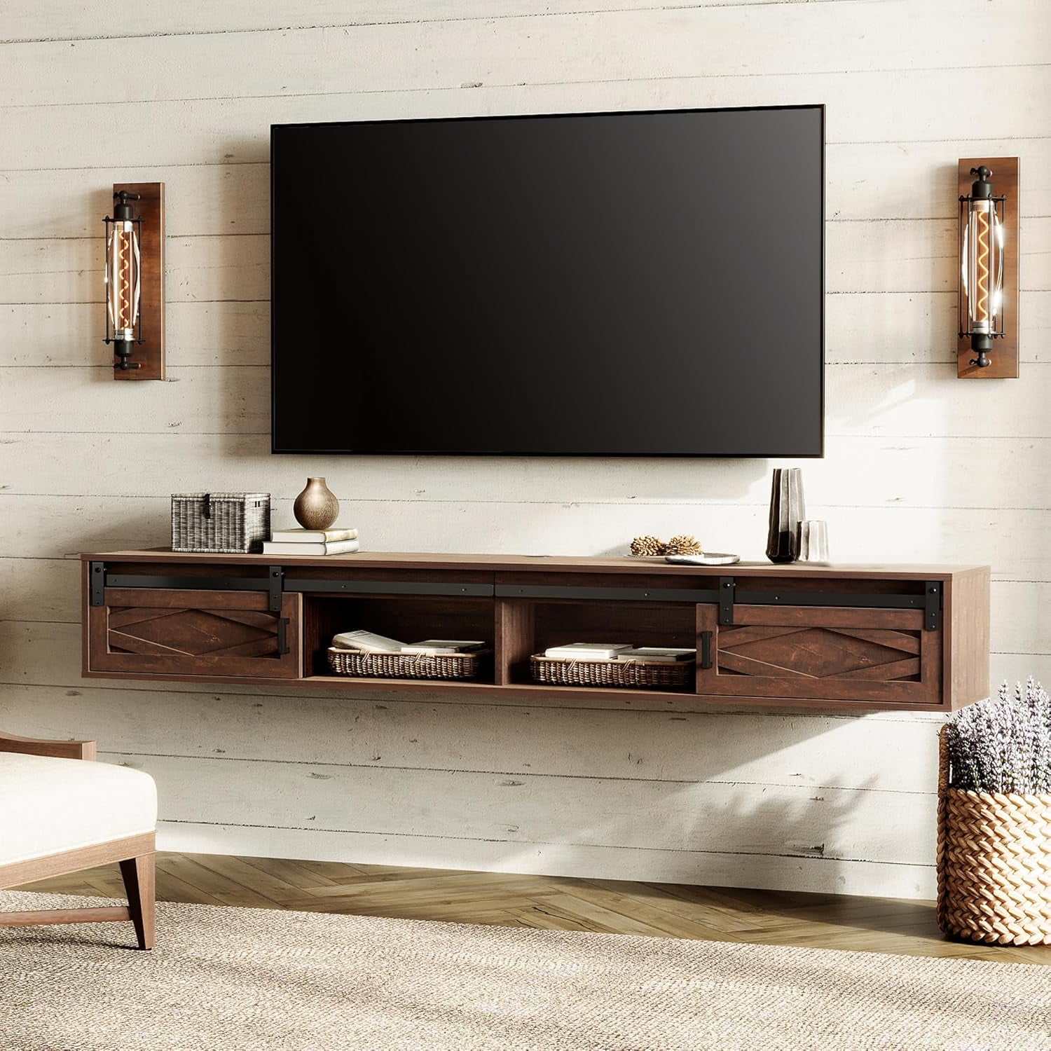 Floating TV Stand for TVs up to 80 Inch, Wood Floating Entertainment ...