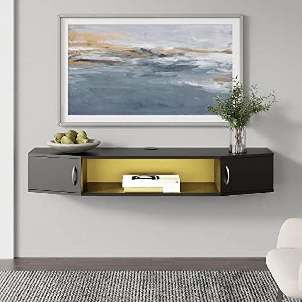 Floating TV Stand Wall Mounted with Blue LED Lights Wood Media Console ...