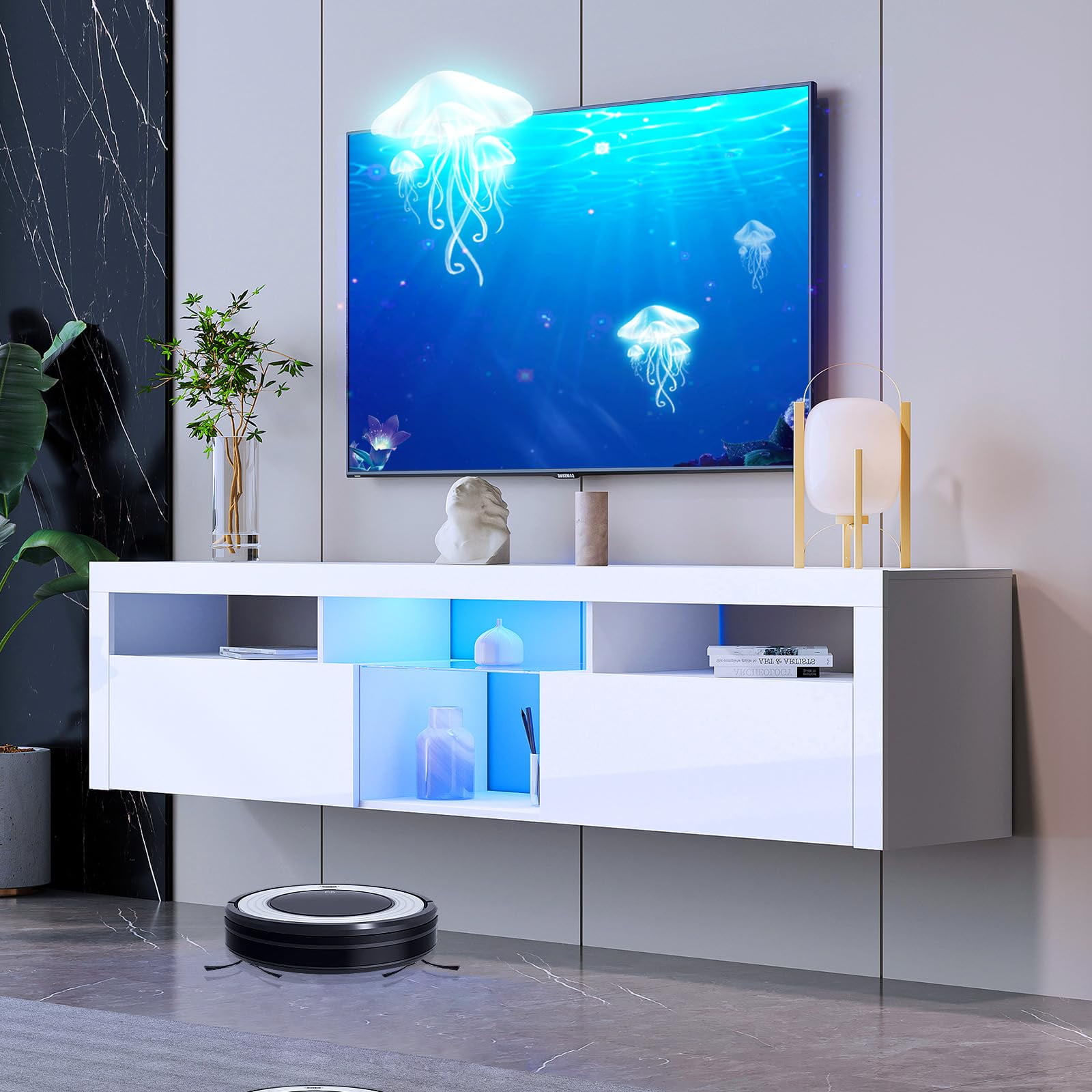 High Gloss Floating LED TV Stand, Wall Mounted for 85 Inch TV with ...