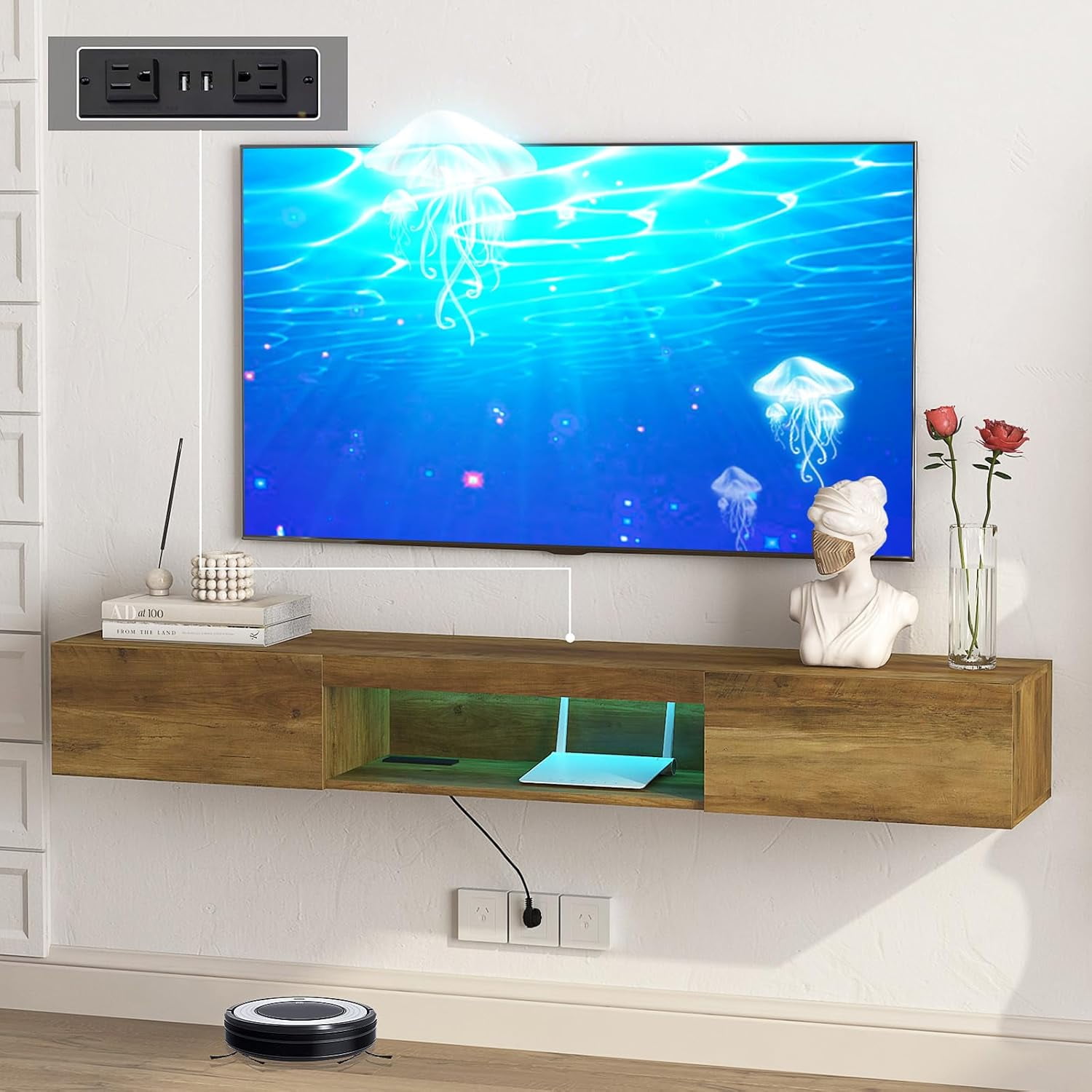 Floating TV Stand Wall Mounted with Power Outlet, Modern Floating ...