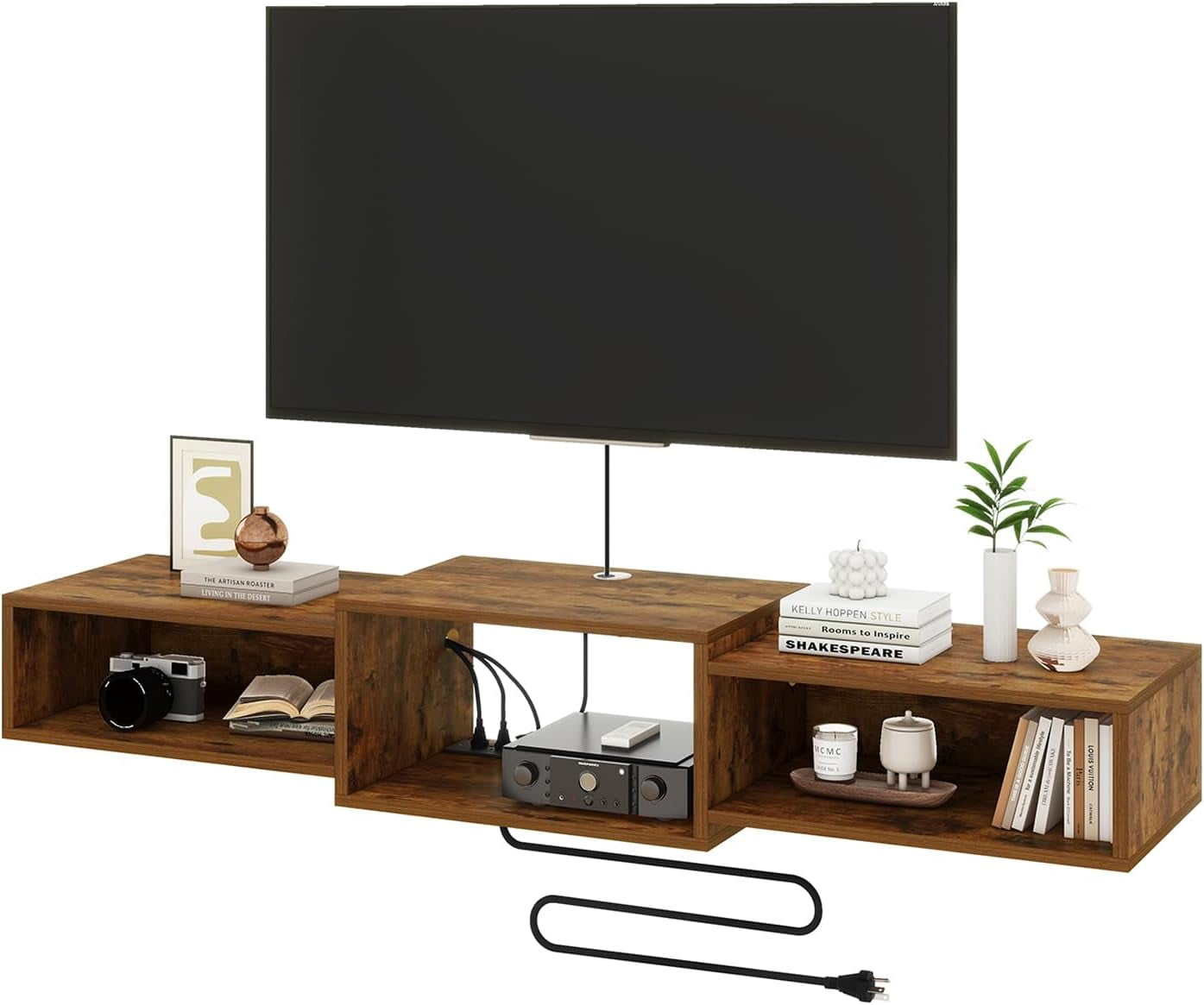 Floating TV Stand Wall Mounted with Power Outlet,Wood Wall Mounted ...
