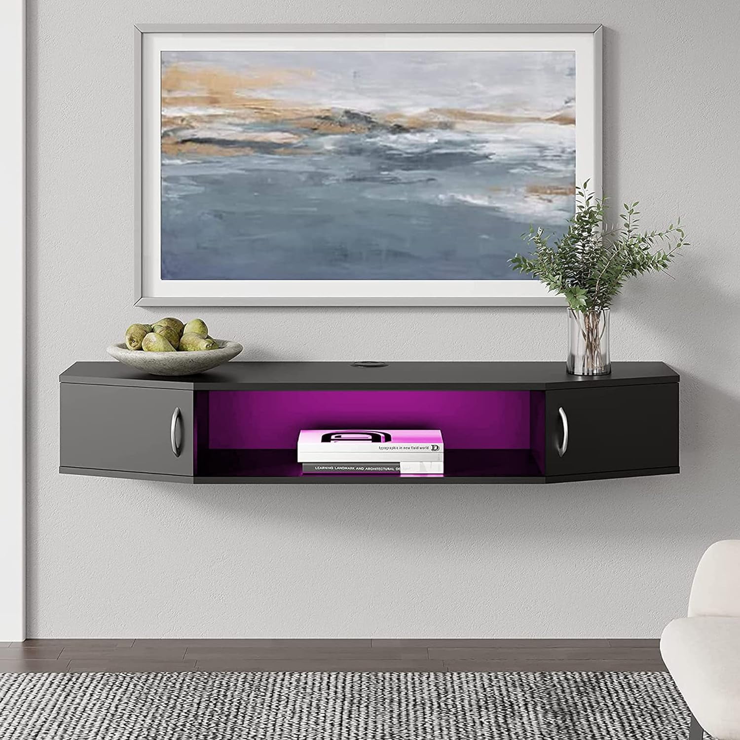Floating TV Stand Wall Mounted Shelf with Colorful LED Lights, Wood ...