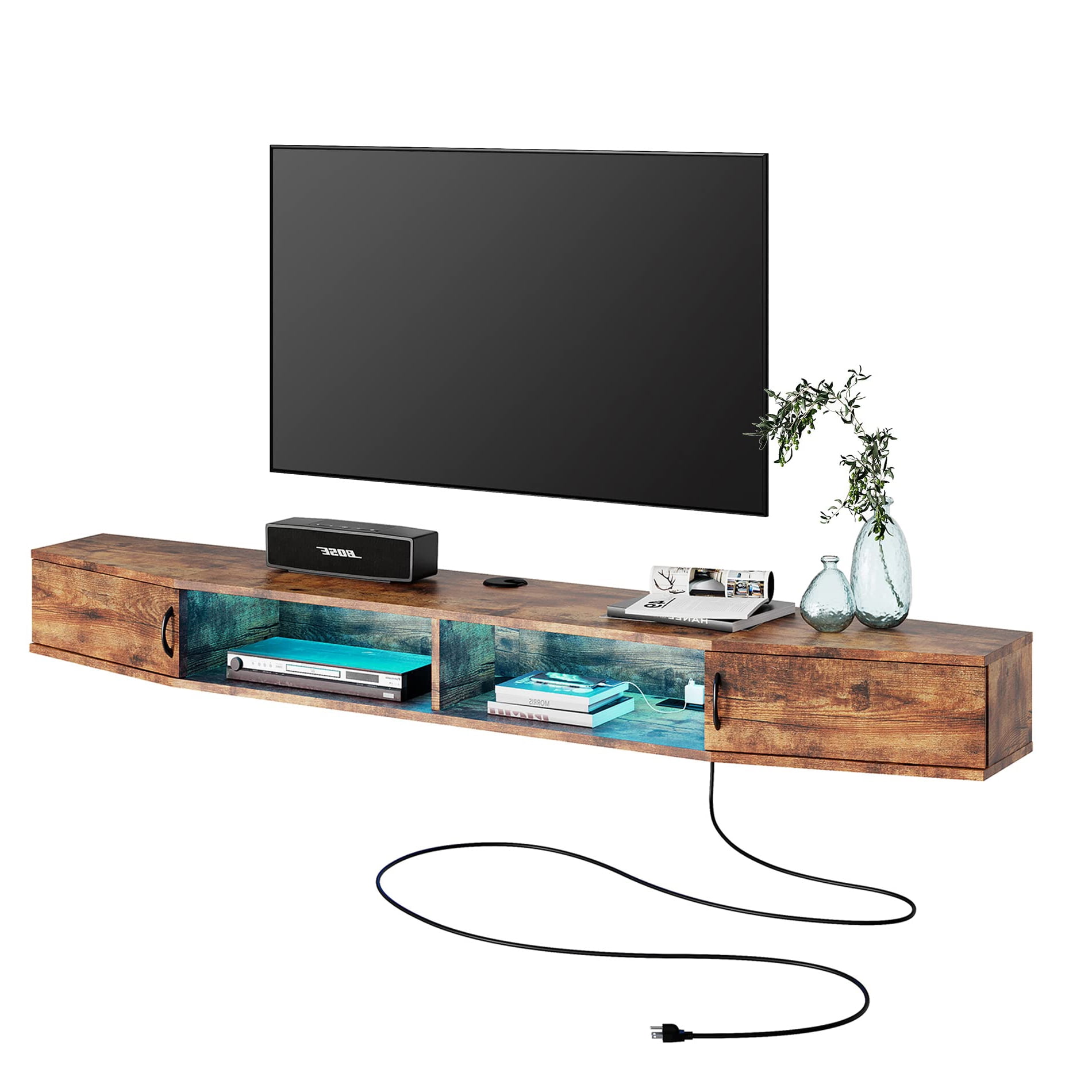 Floating TV Stand Wall Mounted Shelf with Colorful LED Lights, Wood ...