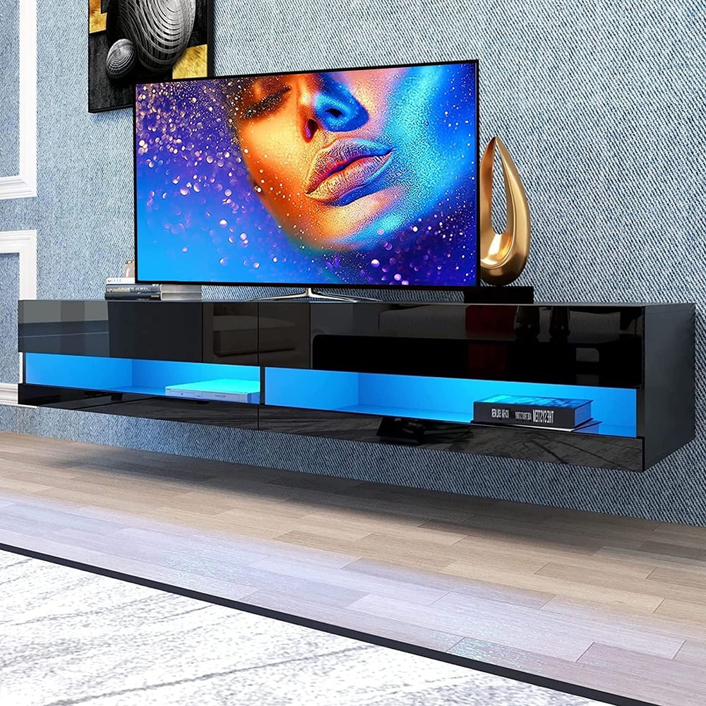 Floating TV Stand, Wall Mounted TV Shelf with Led Lights & Power Outlet ...