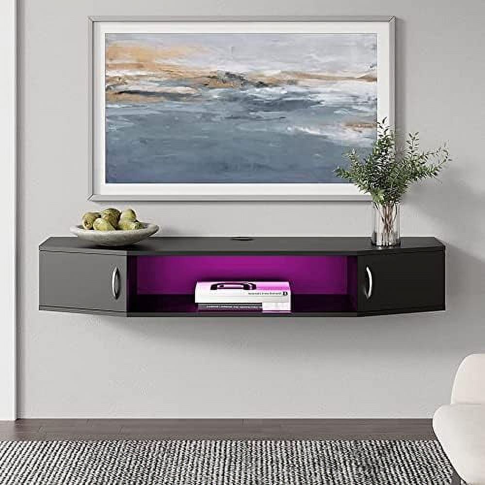 Floating TV Stand Wall Mounted with Colorful LED Wood Media Console ...