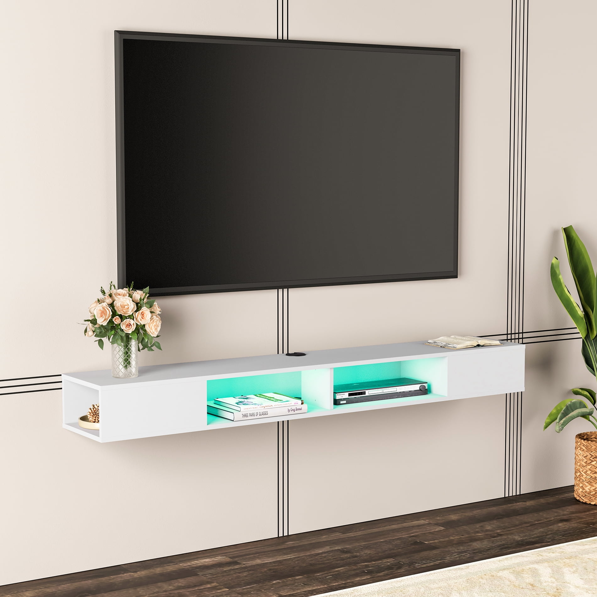 Floating TV Stand with LED Lights - White - Walmart.com