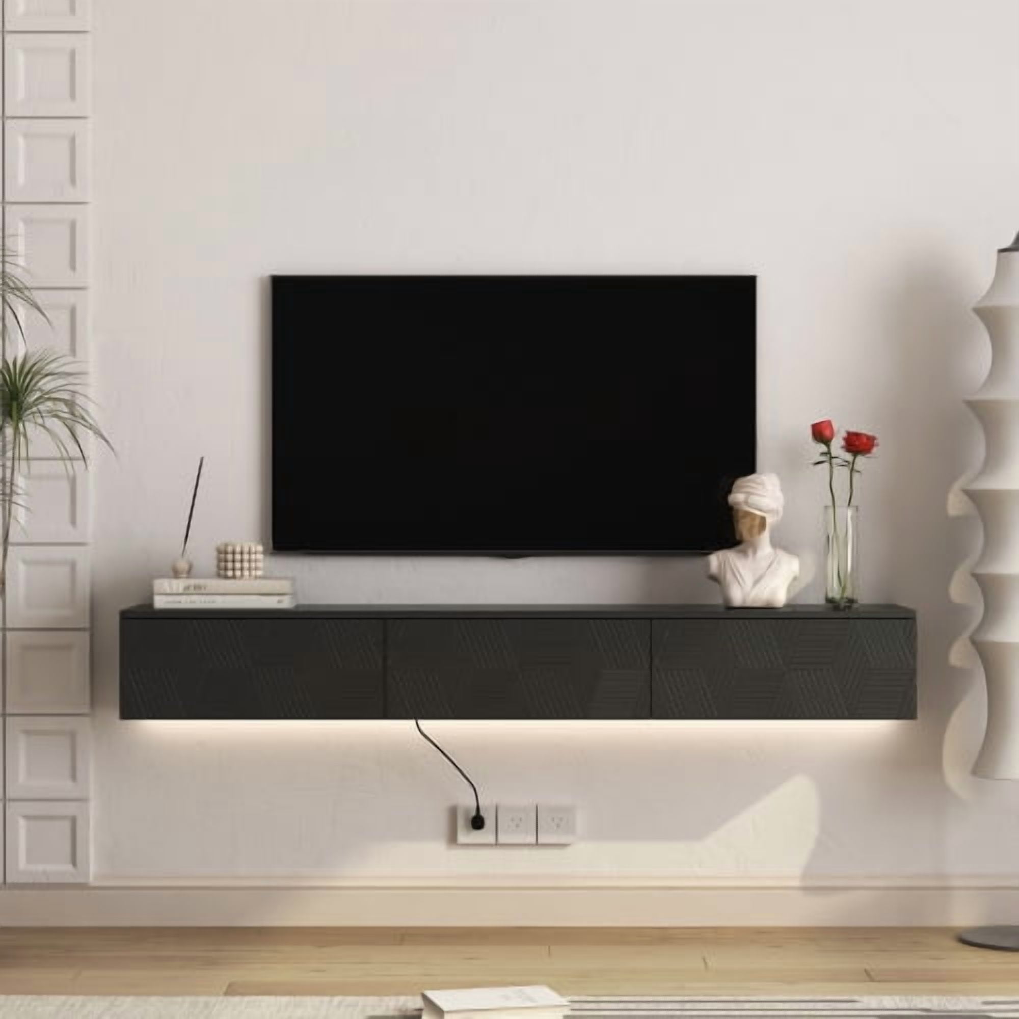 Floating TV Stand with 16-Color LED Lights & Power Outlet, 66.9” Wall ...