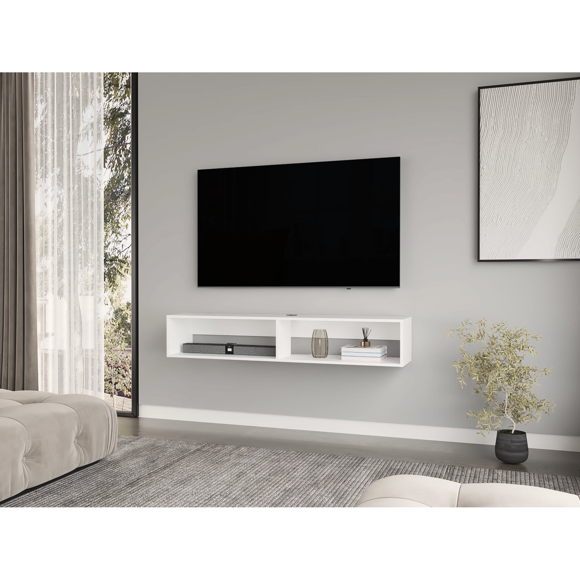 Floating TV Stand with Cable Management + White Finish”-“Entertainment ...