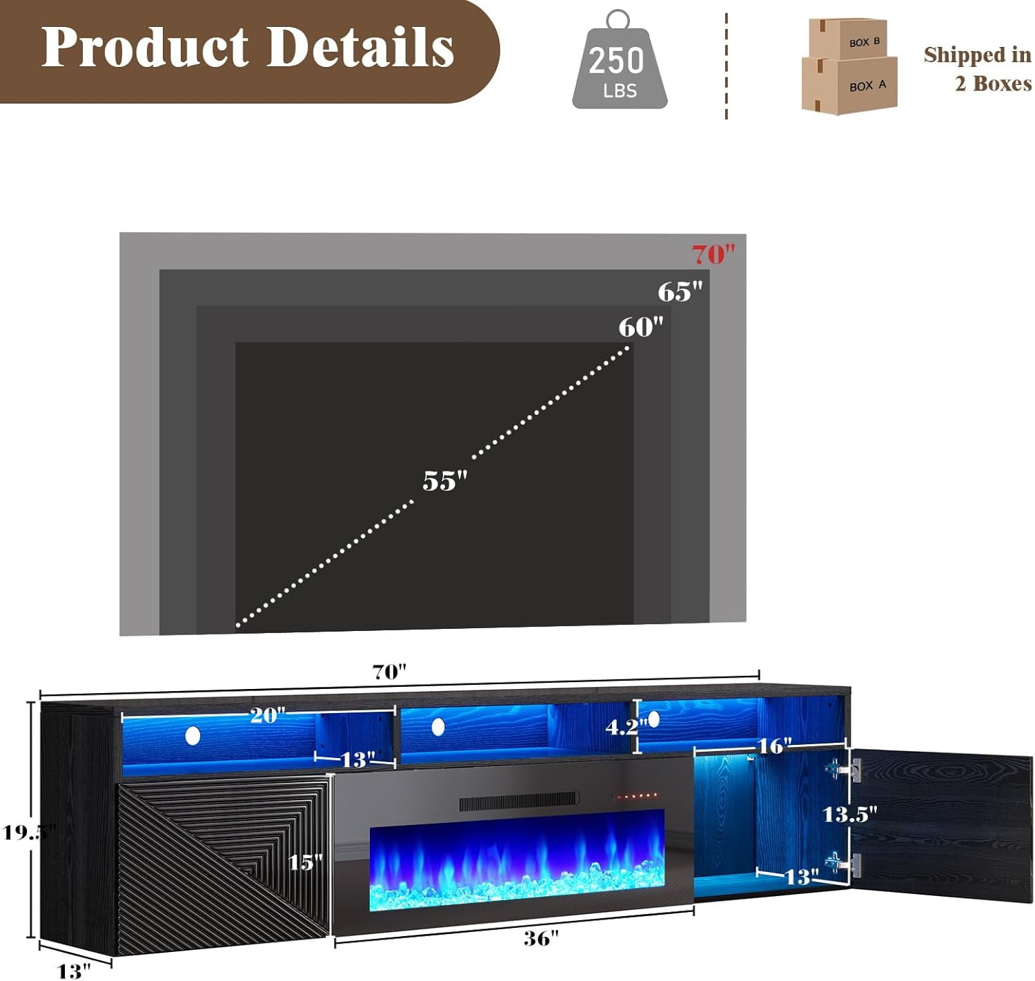 Floating TV Stand with Electric Fireplace, 70 Inch Wall Mounted ...