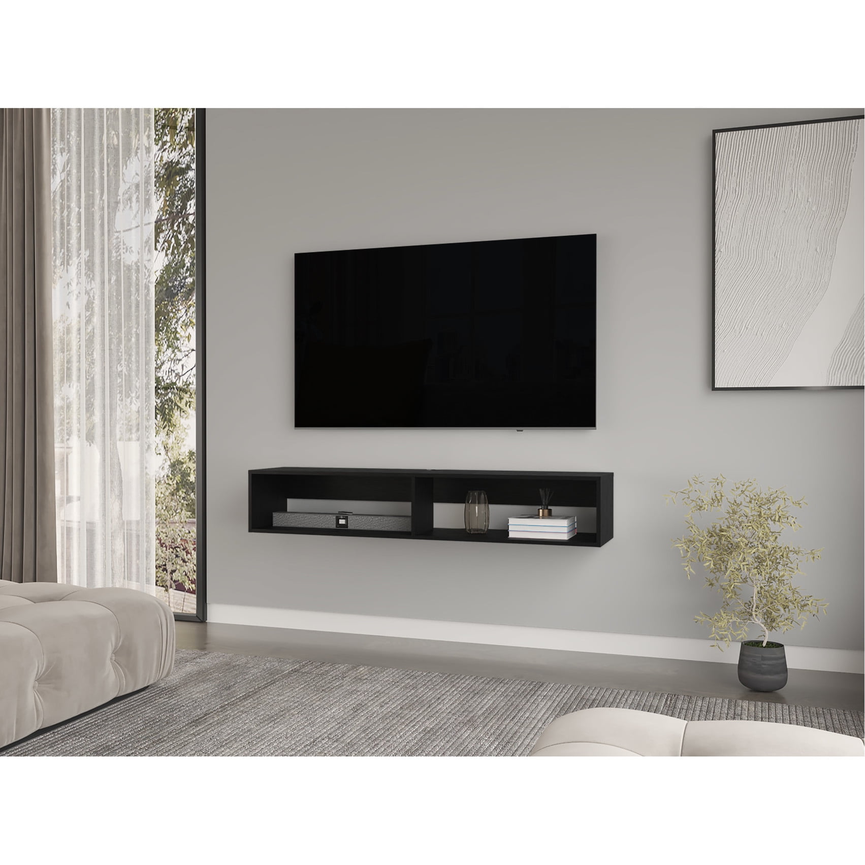 Floating TV stand with wide shelves / Enhance living room with black ...