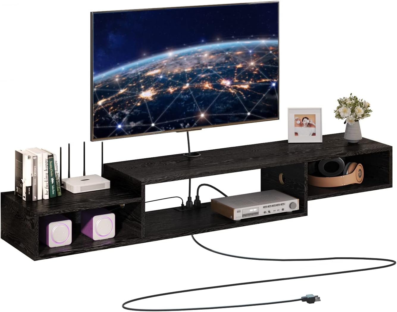 Floating Tv Stand Wall Mounted With Power Outlet, 59” Floating Tv Shelf ...