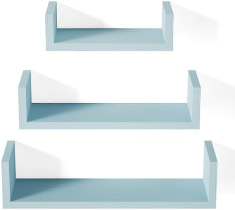 Floating U Shelves Wall Mounted, Solid Wood Wall Shelves Set of 3 (Blue ...