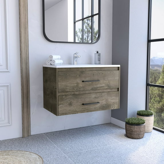Floating Vanity Sink, 2-Drawers, Dark Brown/White | Ample Storage in a ...