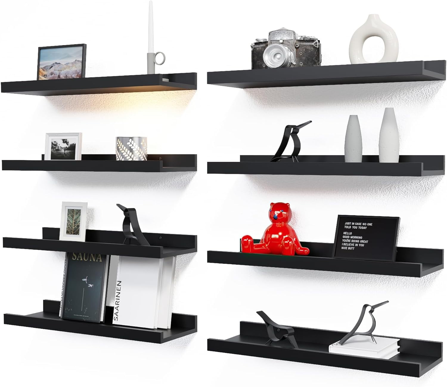 Floating Wall Mounted Shelves, 8pc Set with Lip - Black Nursery Book ...