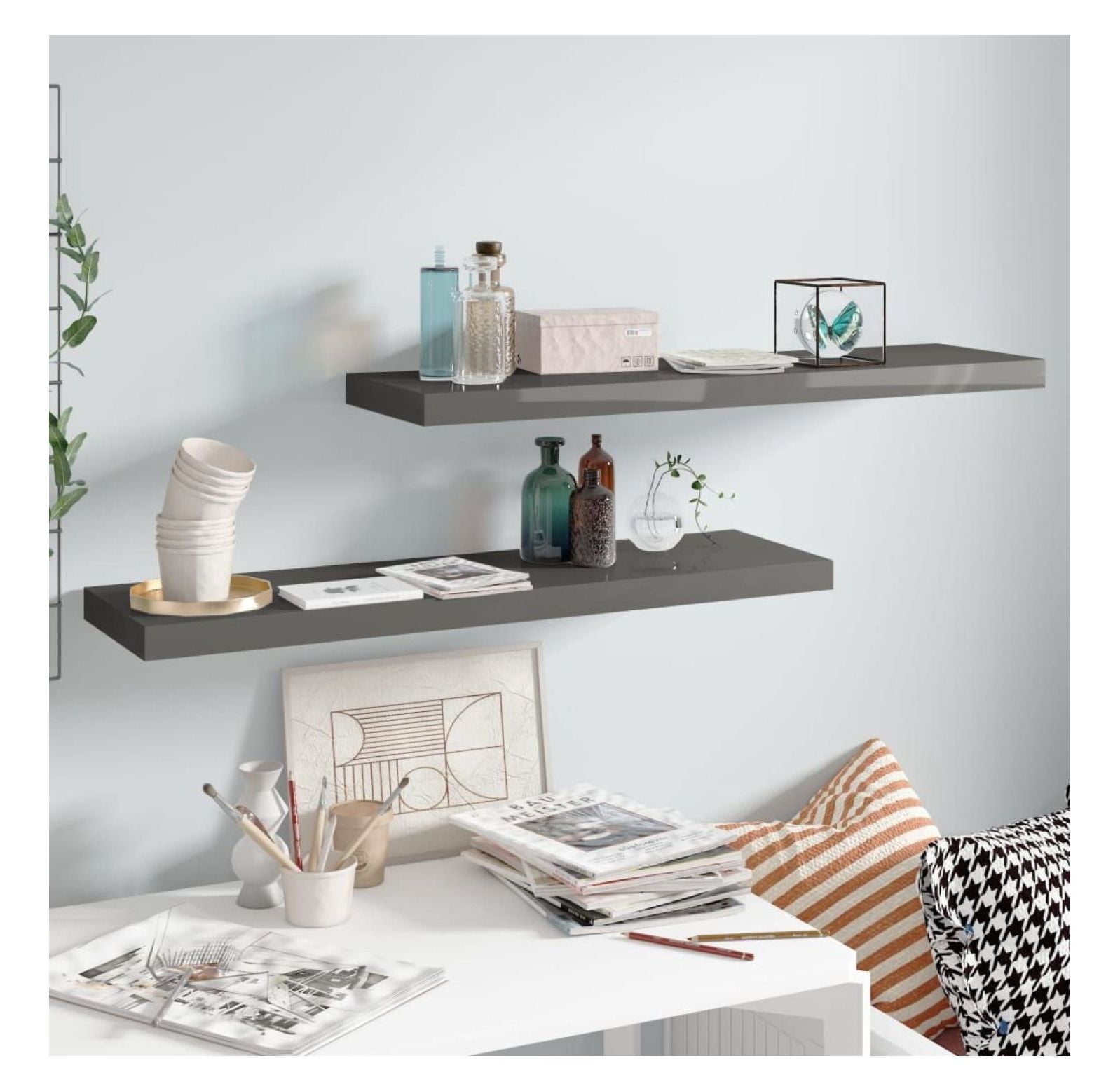 Floating Wall Shelves 2 pcs High Gloss Gray 35.4"x9.3"x1.5" MDF Grey ...