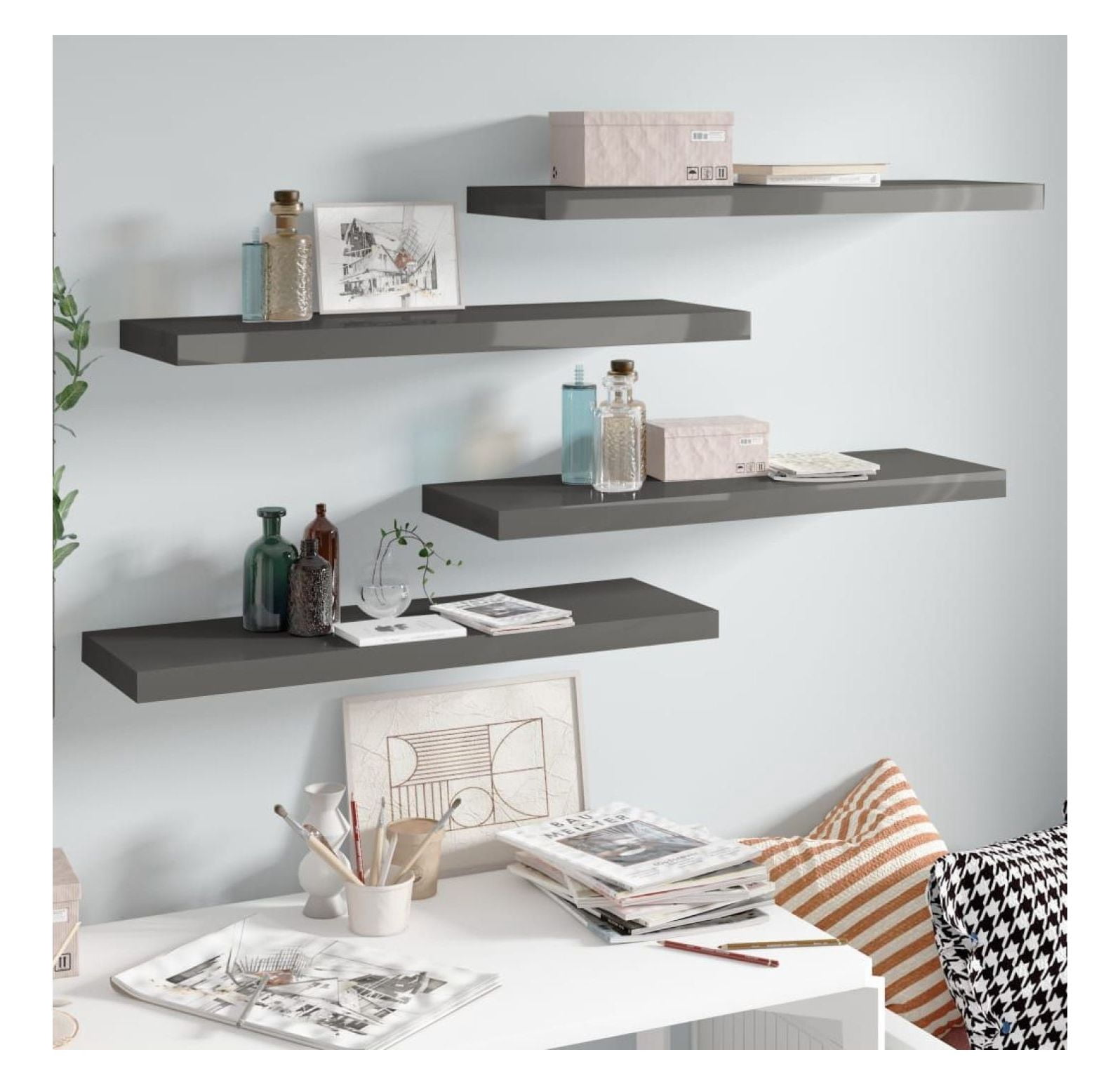 Floating Wall Shelves 4 pcs High Gloss Gray 31.5"x9.3"x1.5" MDF Grey ...