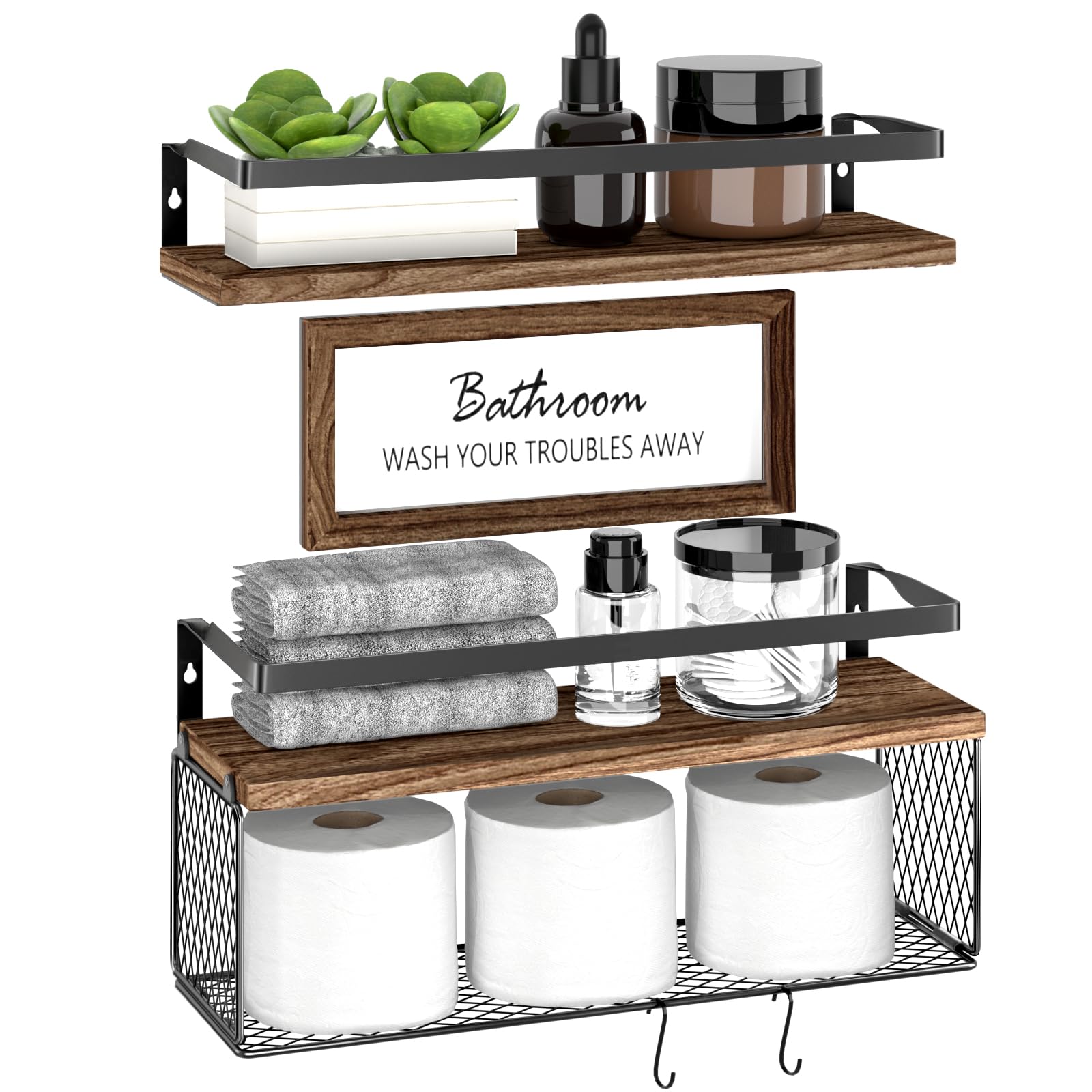 Floating Wall Shelves with Metal Guardrail & Storage Basket, Rustic ...