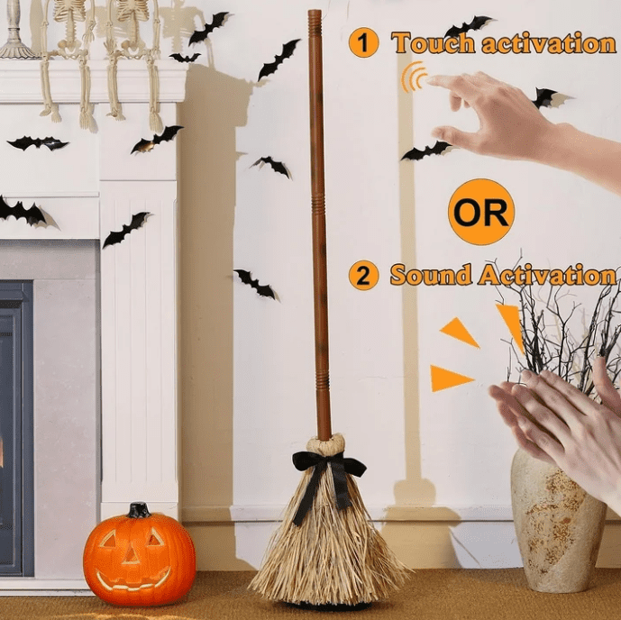 Floating Witch's Broom –Haunted Dancing Broom, Tall Animated Light Up ...