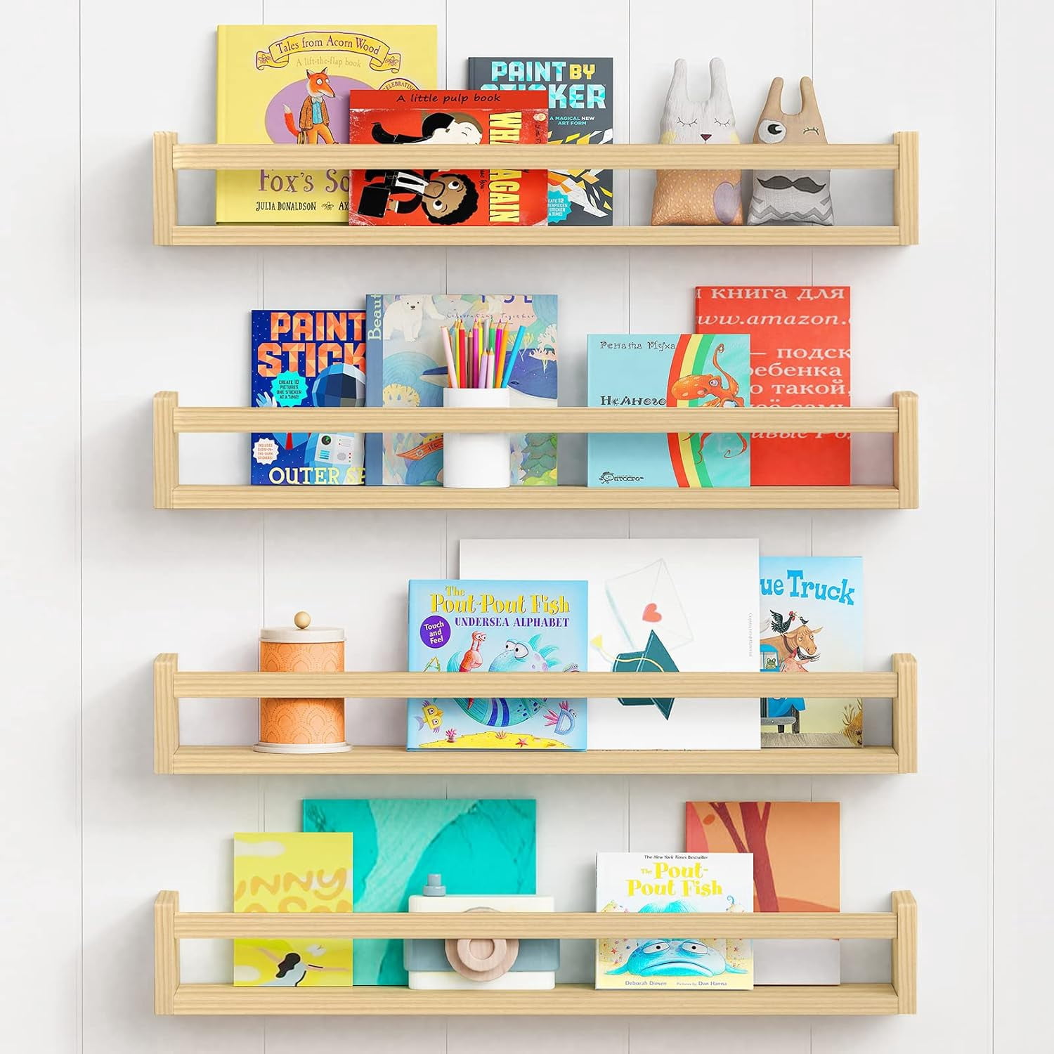 Floating children's room bookshelf, 4-piece set, white wall bookshelf ...