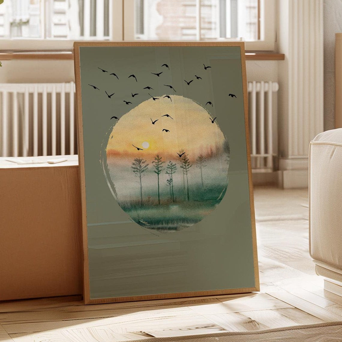 Flock Of Flying Birds Print - Watercolour Landscape - Framed Wall Art ...