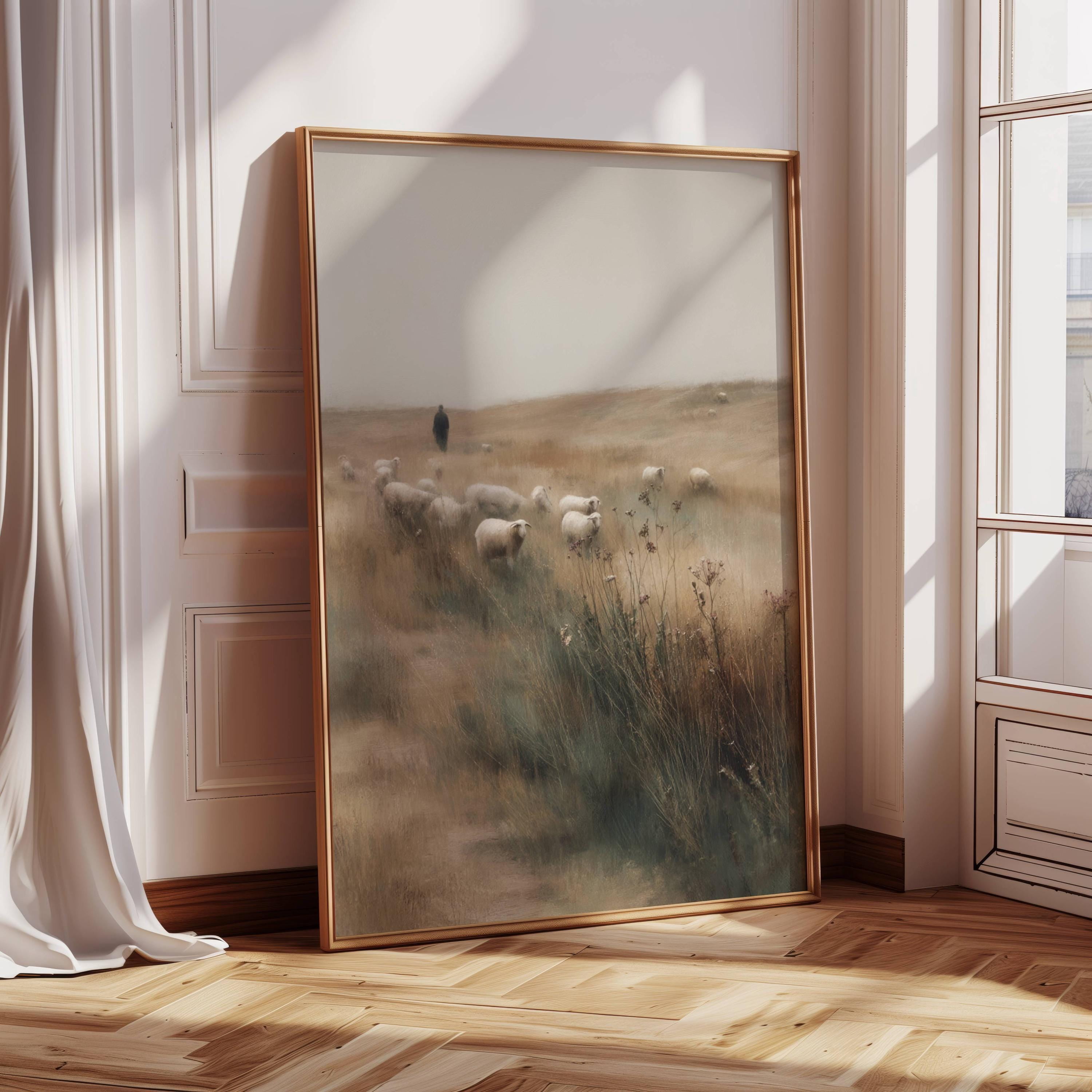 Flock Of Sheep In Vintage Landscape , Rustic Neutral Farm House Wall ...