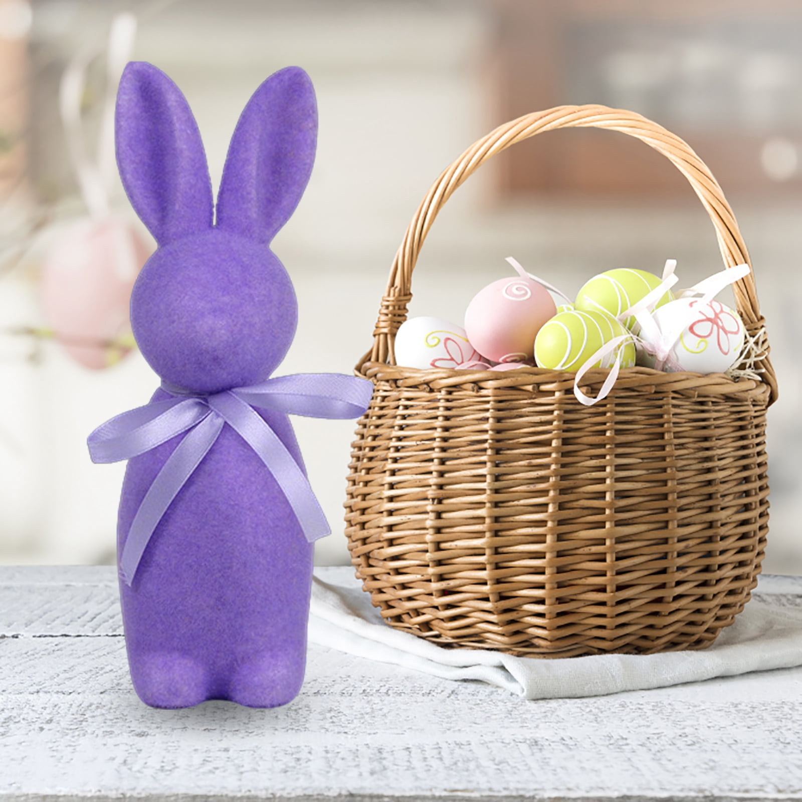 Flocked Bunny Figurine, 9" Flocking Rabbit with Bow Ornament for Spring ...