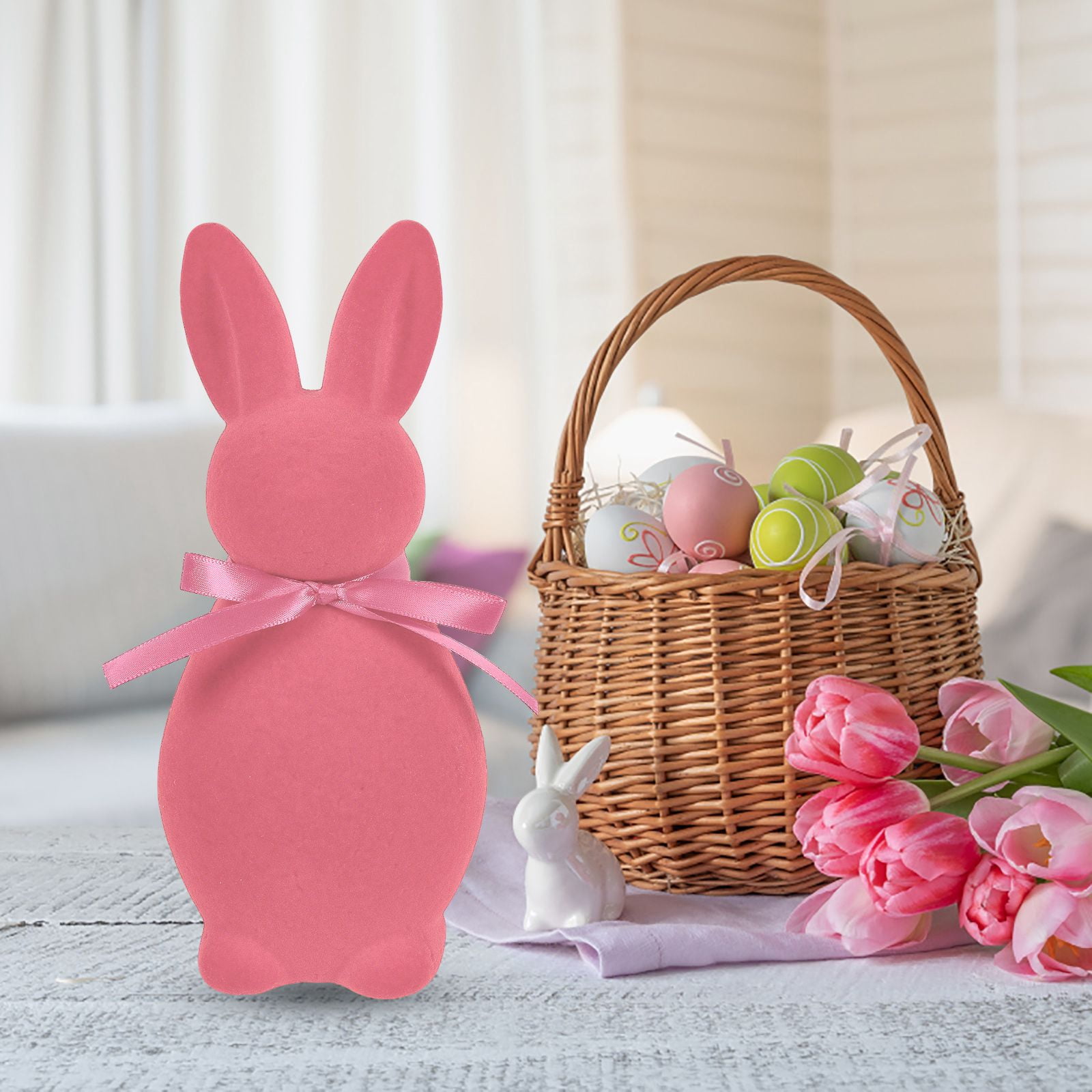 Flocked Bunny Figurines, 7.87" Flocking Rabbit with Bow Cute Ornament ...