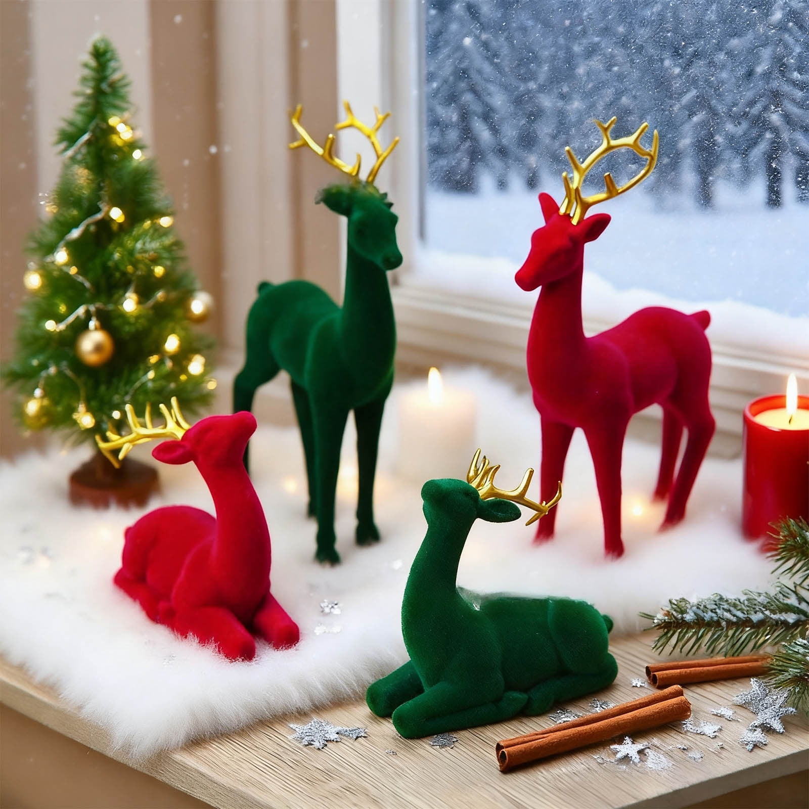 Flocked Christmas Elk Decor – Unique Set with Standing & Lying Elks ...