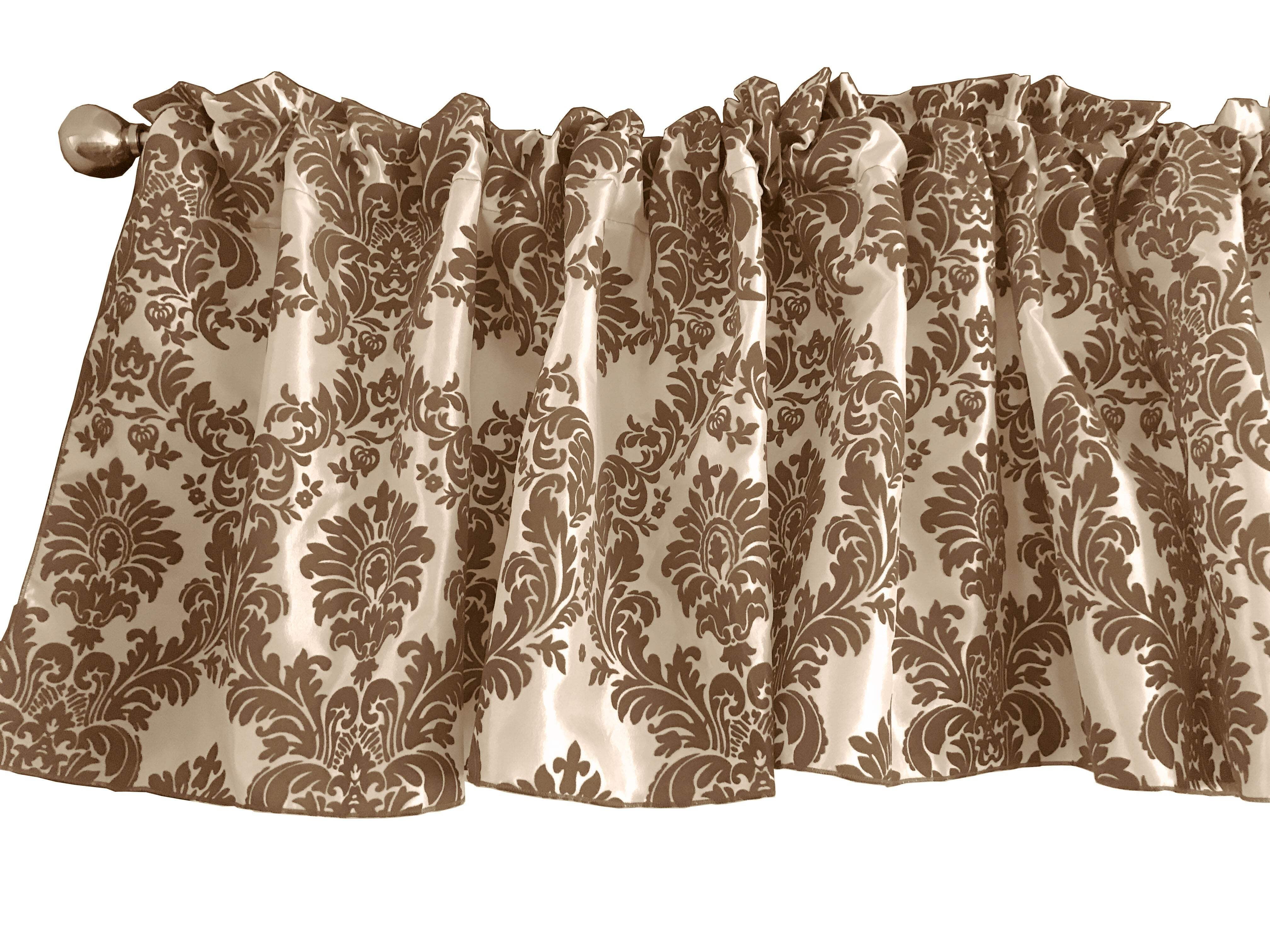 Flocked Damask Window Valance 58" Wide Brown on Ivory - Walmart.com