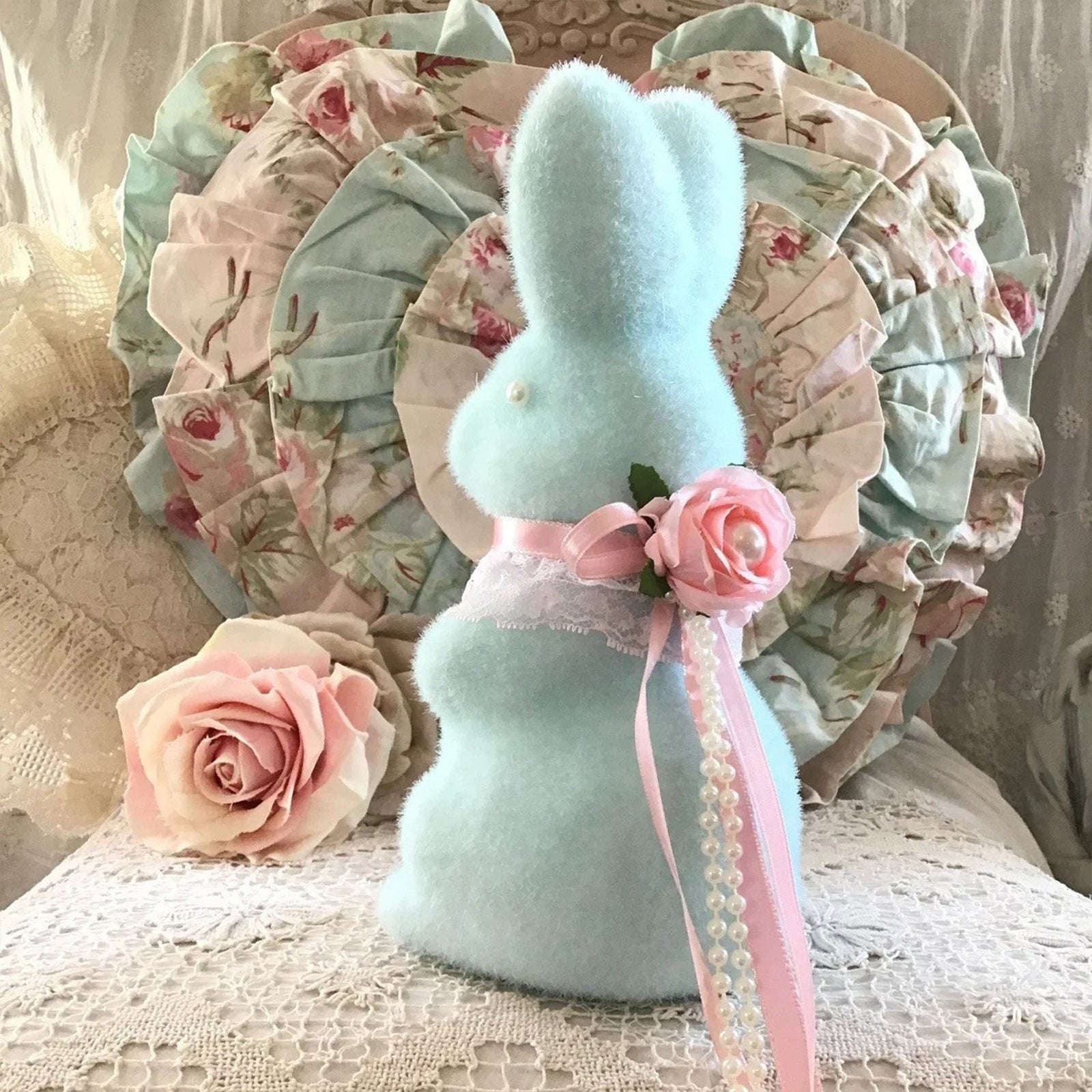 Flocked Easter Bunnies Set - 1 Pastel Colored Bunnies in Green, Perfect for Spring Table ...