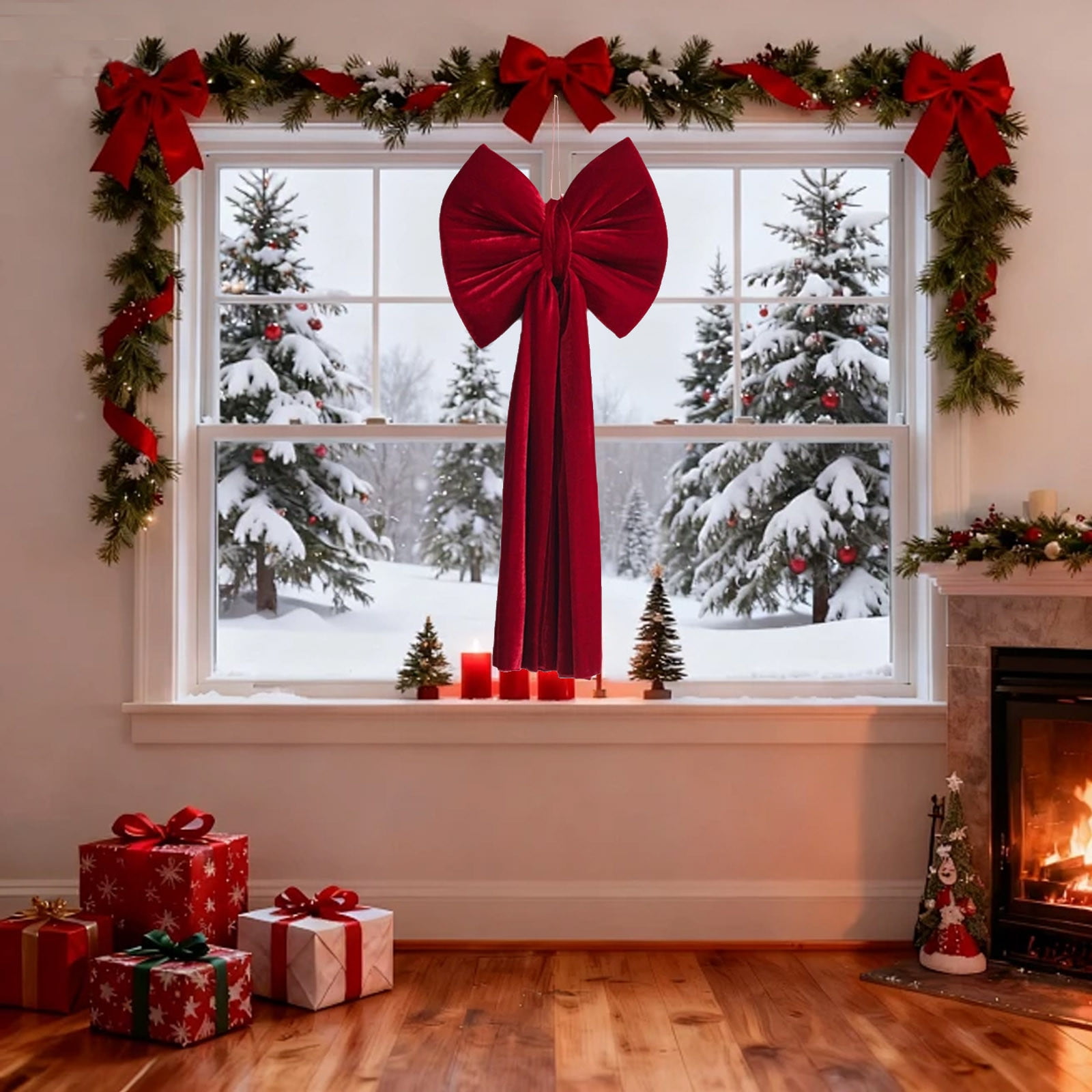 Flocked Fabric Red Bow Hanging Decoration for Christmas, Holiday, Party ...