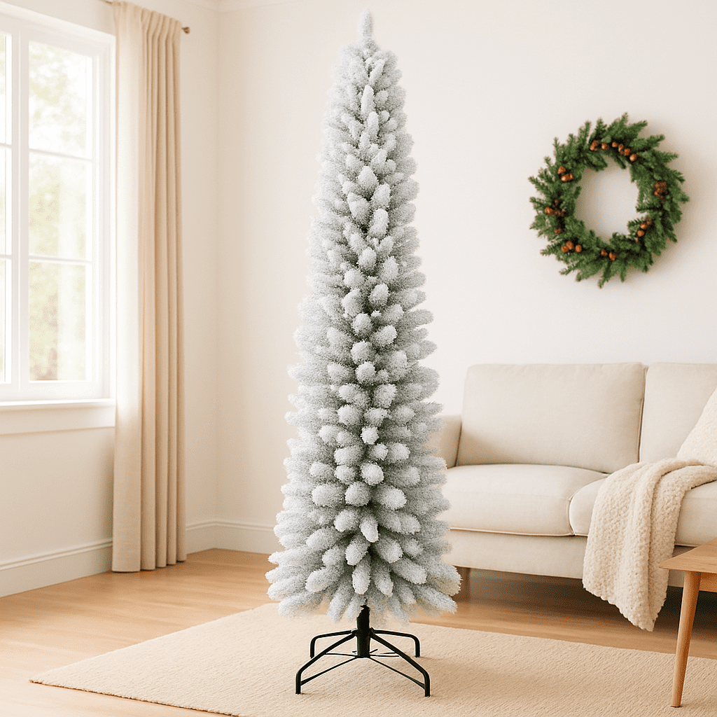 Flocked Pencil Christmas Tree, 6FT7.5FT Snow Christmas Tree with Skinny ...